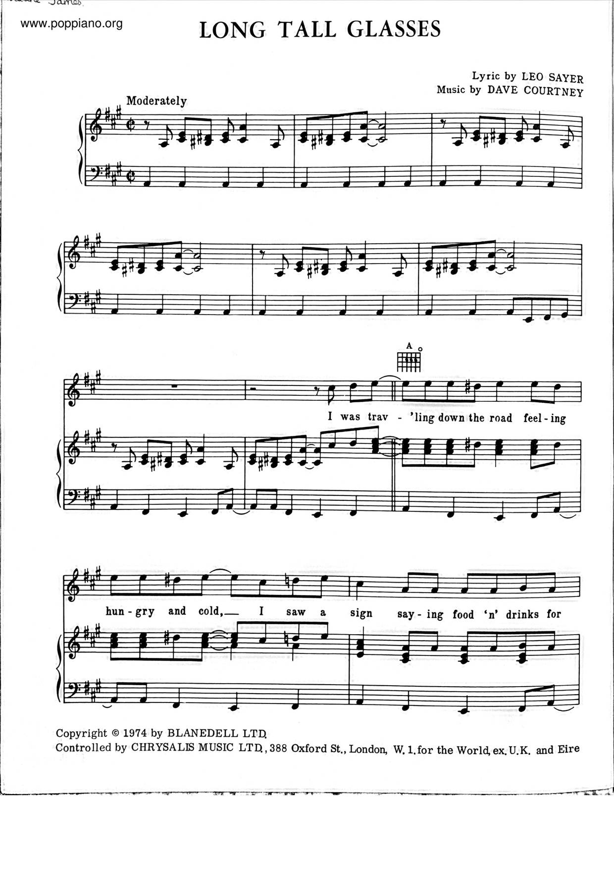 Leo Sayer-Long Tall Glasses Sheet Music pdf, - Free Score Download ★