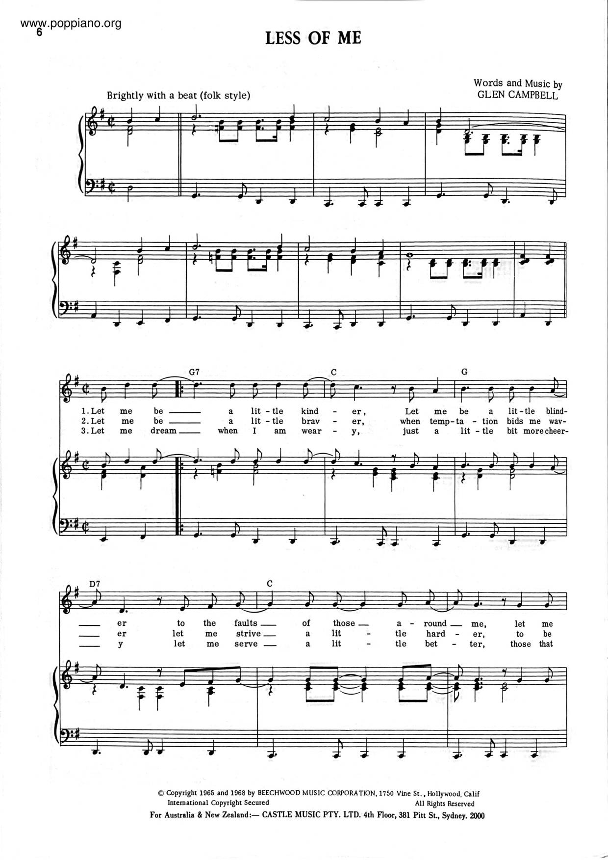 ★Glen Campbell - Less Of Me ピアノ譜pdf- 香港ポップピアノ協会 無料PDF楽譜ダウンロード gakufu