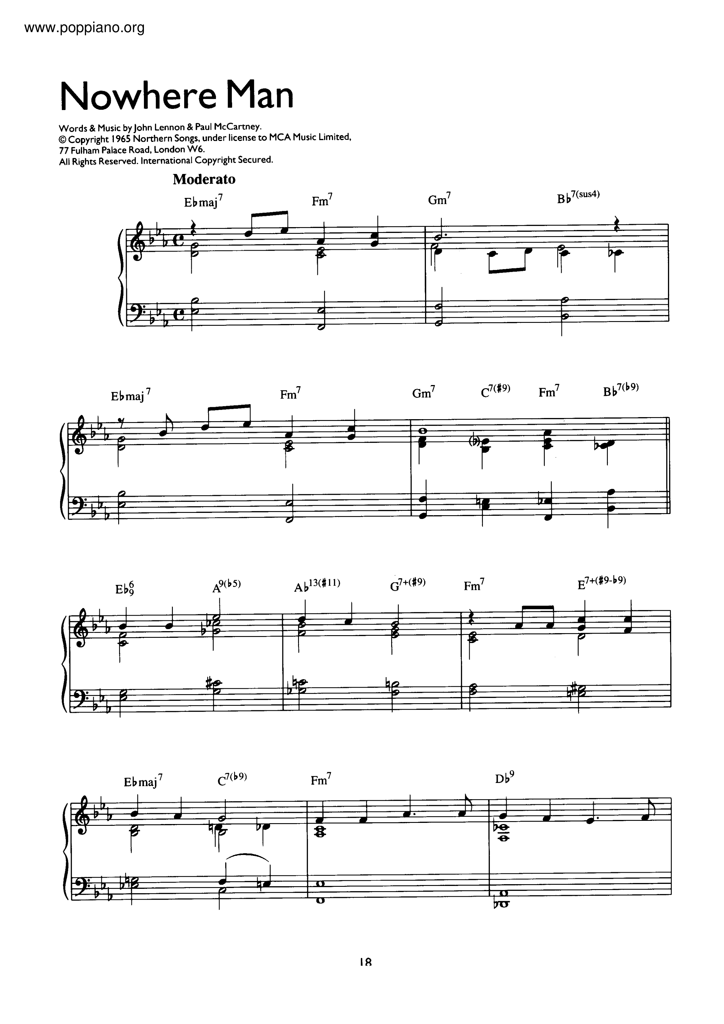 The Beatles-Nowhere Man 琴譜pdf-香港流行鋼琴協會琴譜下載 ★