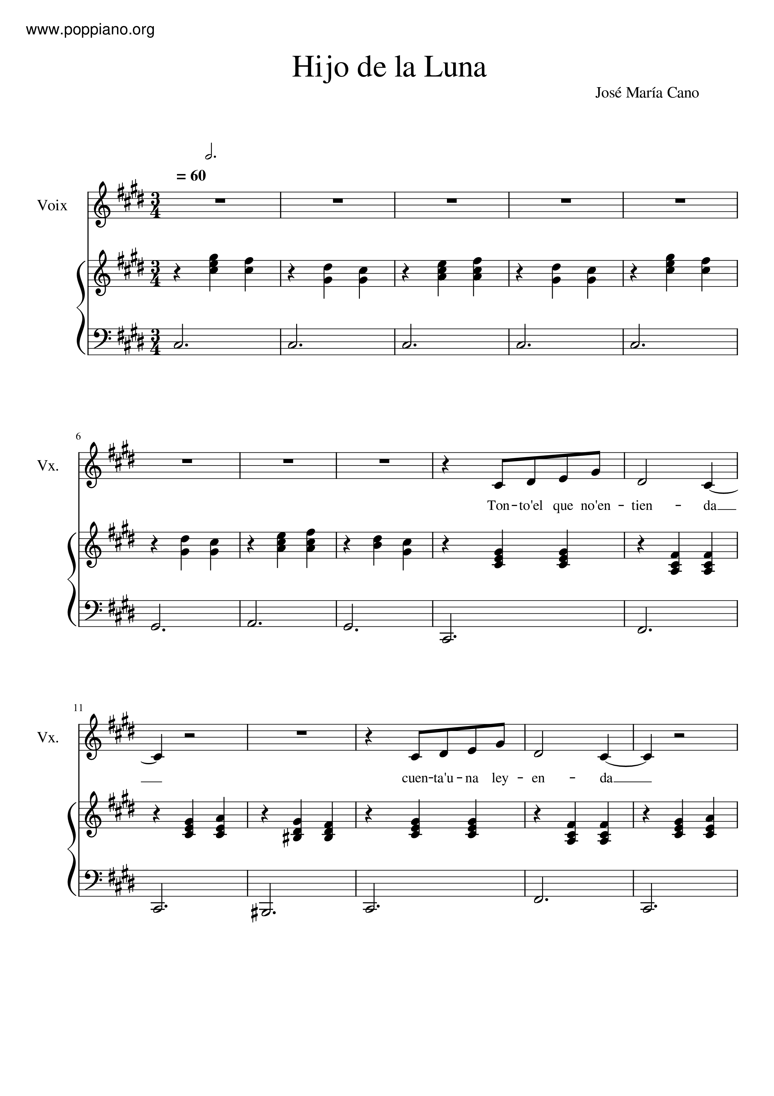 Jose María Cano-Hijo De La Luna 琴譜pdf-香港流行鋼琴協會琴譜下載 ★