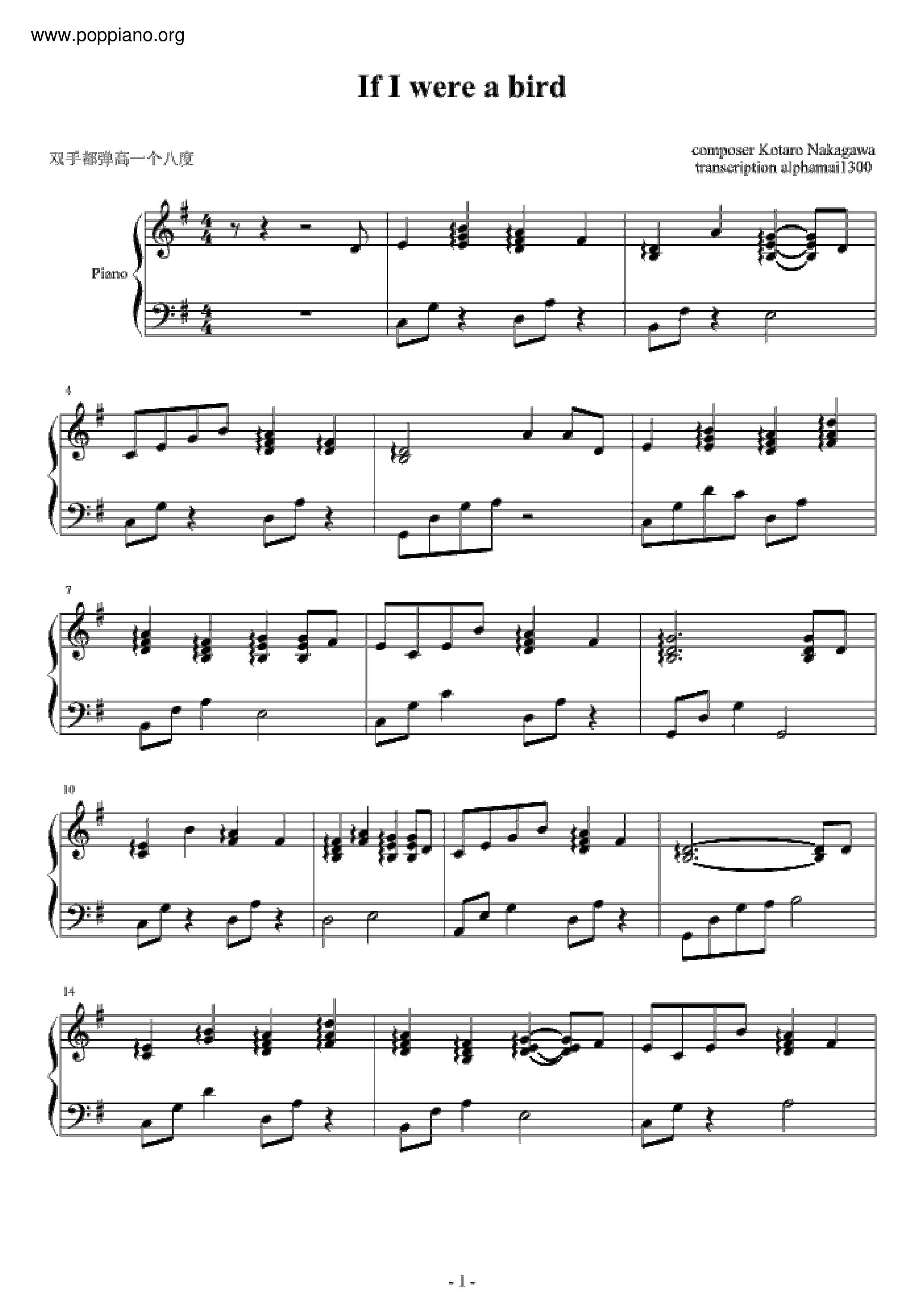 Hitomi Kuroishi-If I Were A Bird 琴譜pdf-香港流行鋼琴協會琴譜下載 ★