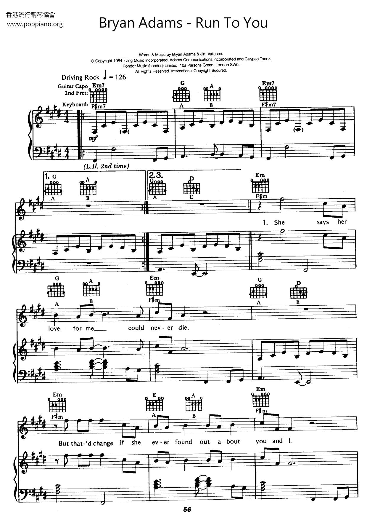 Bryan Adams-Run To You Sheet Music pdf, - Free Score Download ★