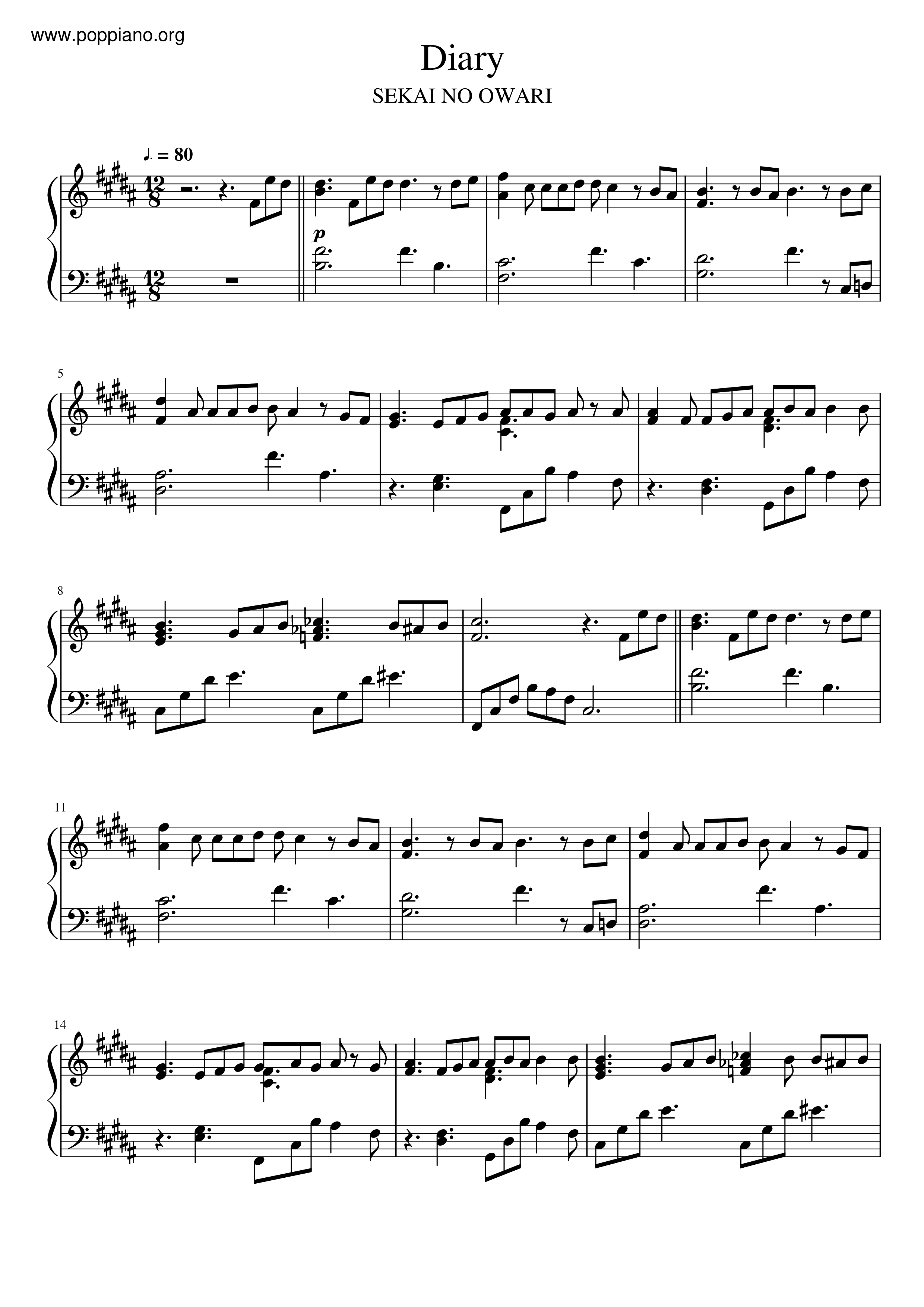 SEKAI NO OWARI-Diary Sheet Music pdf, - Free Score Download ★