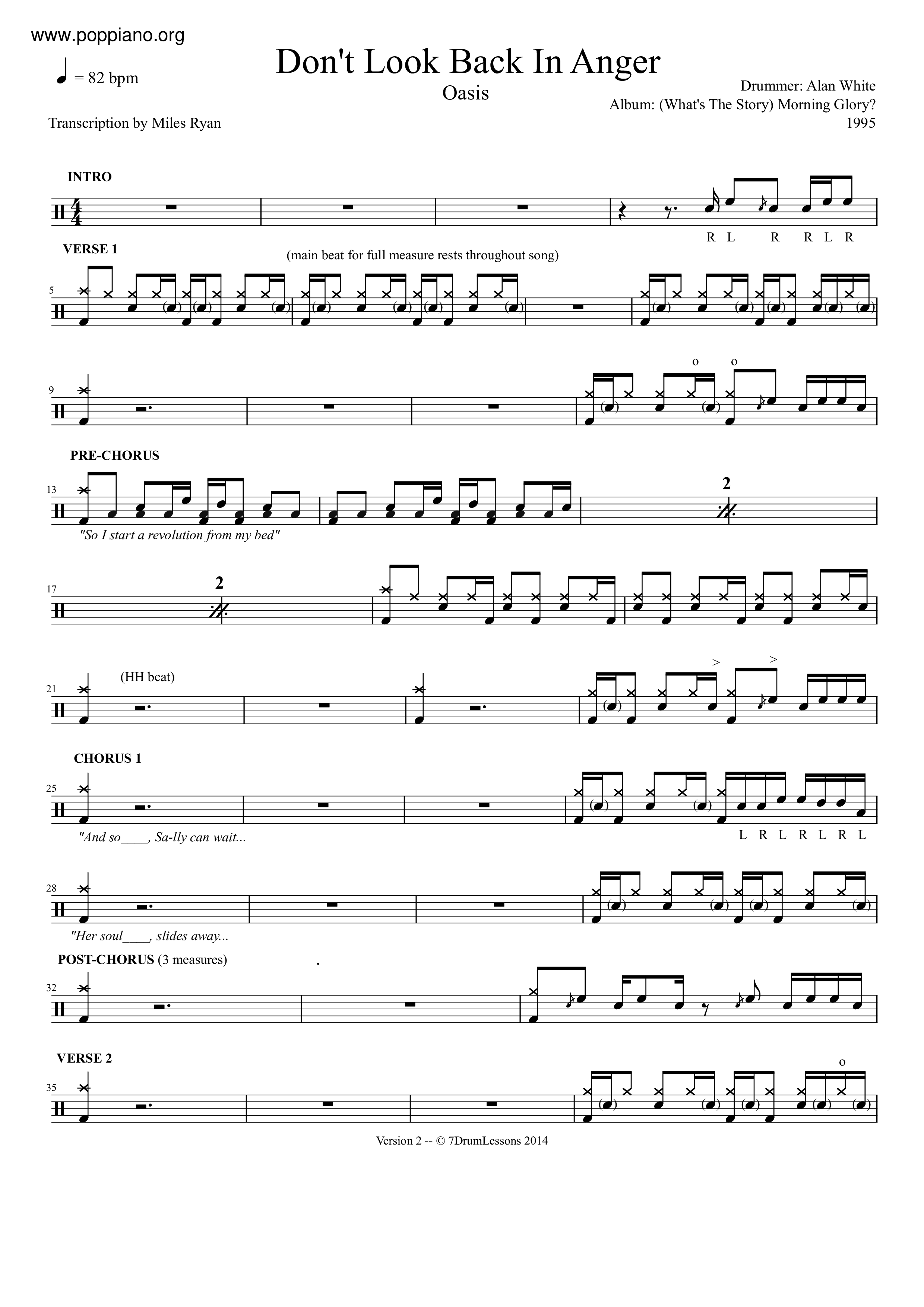 Oasis-Don't Look Back In Anger 鼓譜pdf-香港流行鋼琴協會琴譜下載 ★