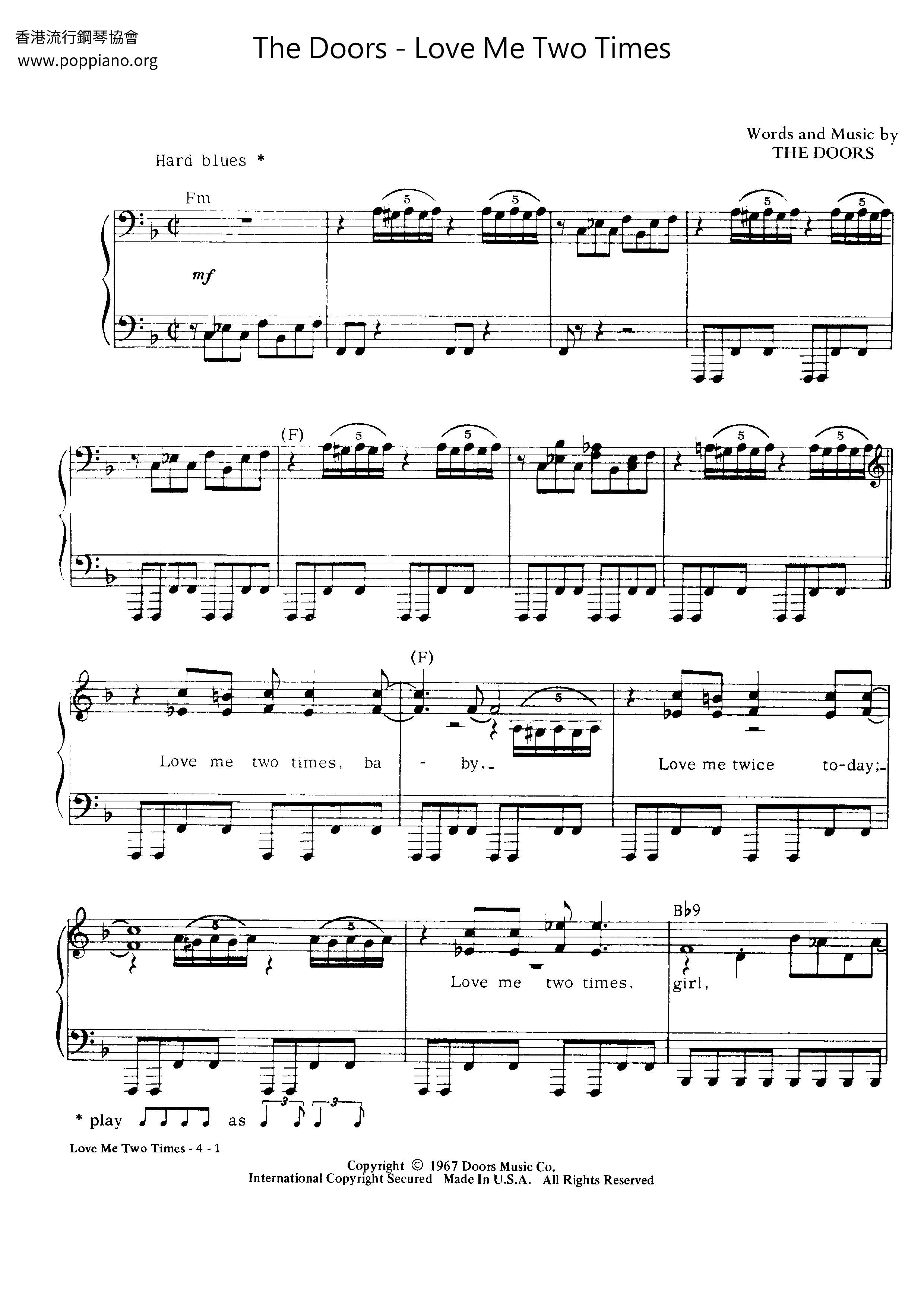Doors-Love Me Two Times Sheet Music pdf, - Free Score Download ★
