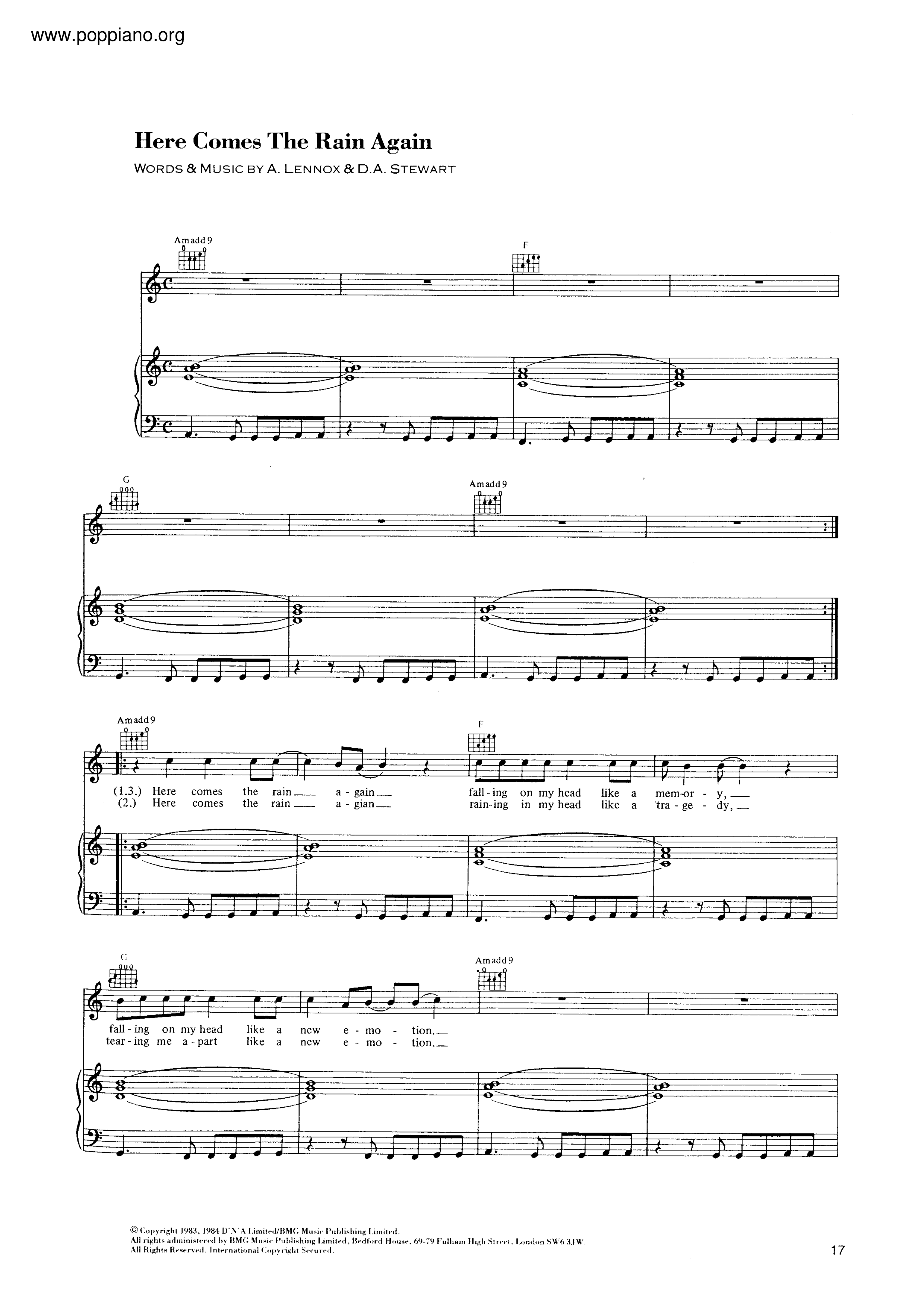 Eurythmics-Here Comes The Rain Again Sheet Music pdf, - Free Score ...
