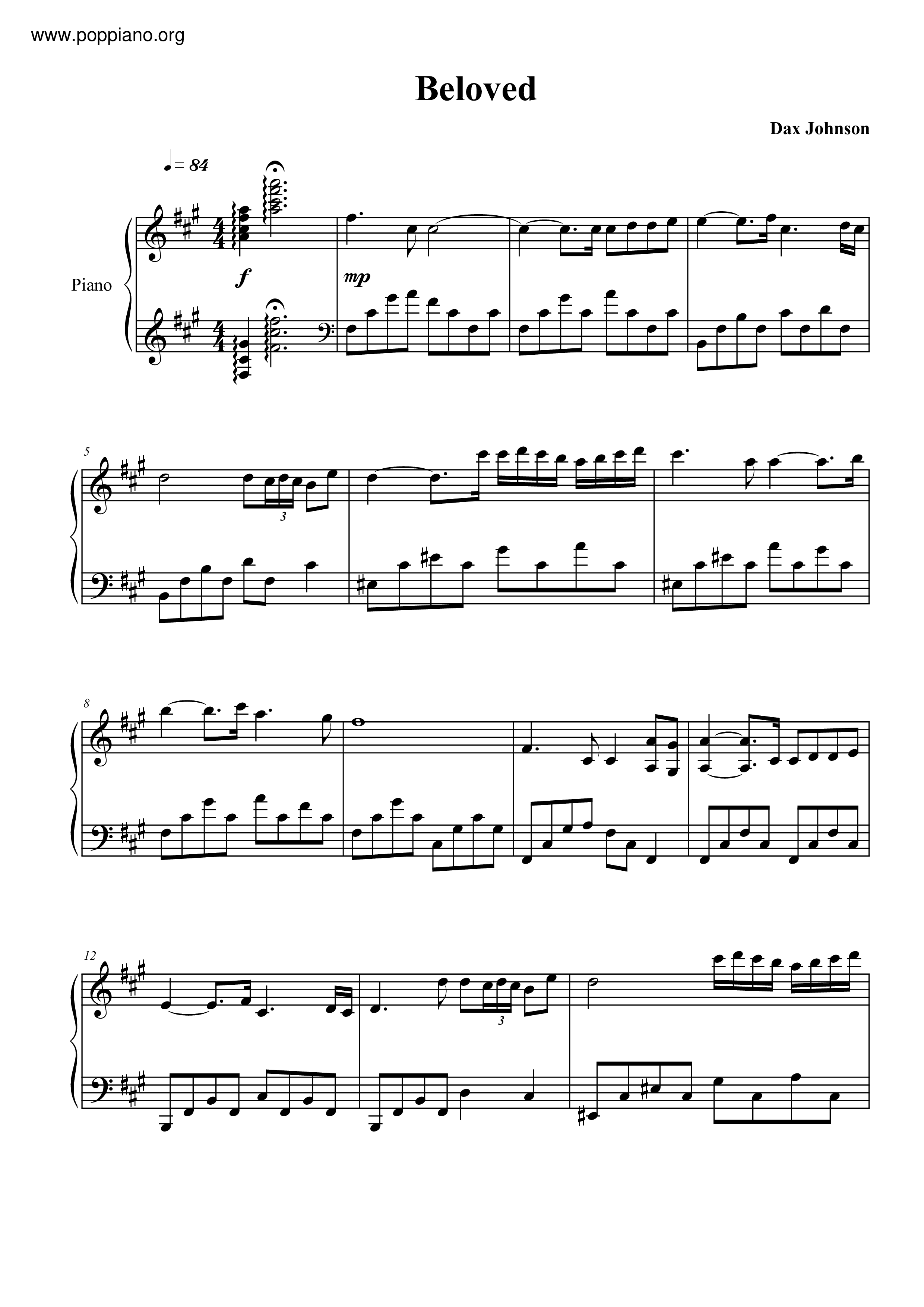 ★Dax Johnson - Beloved ピアノ譜pdf- 香港ポップピアノ協会 無料PDF楽譜ダウンロード gakufu