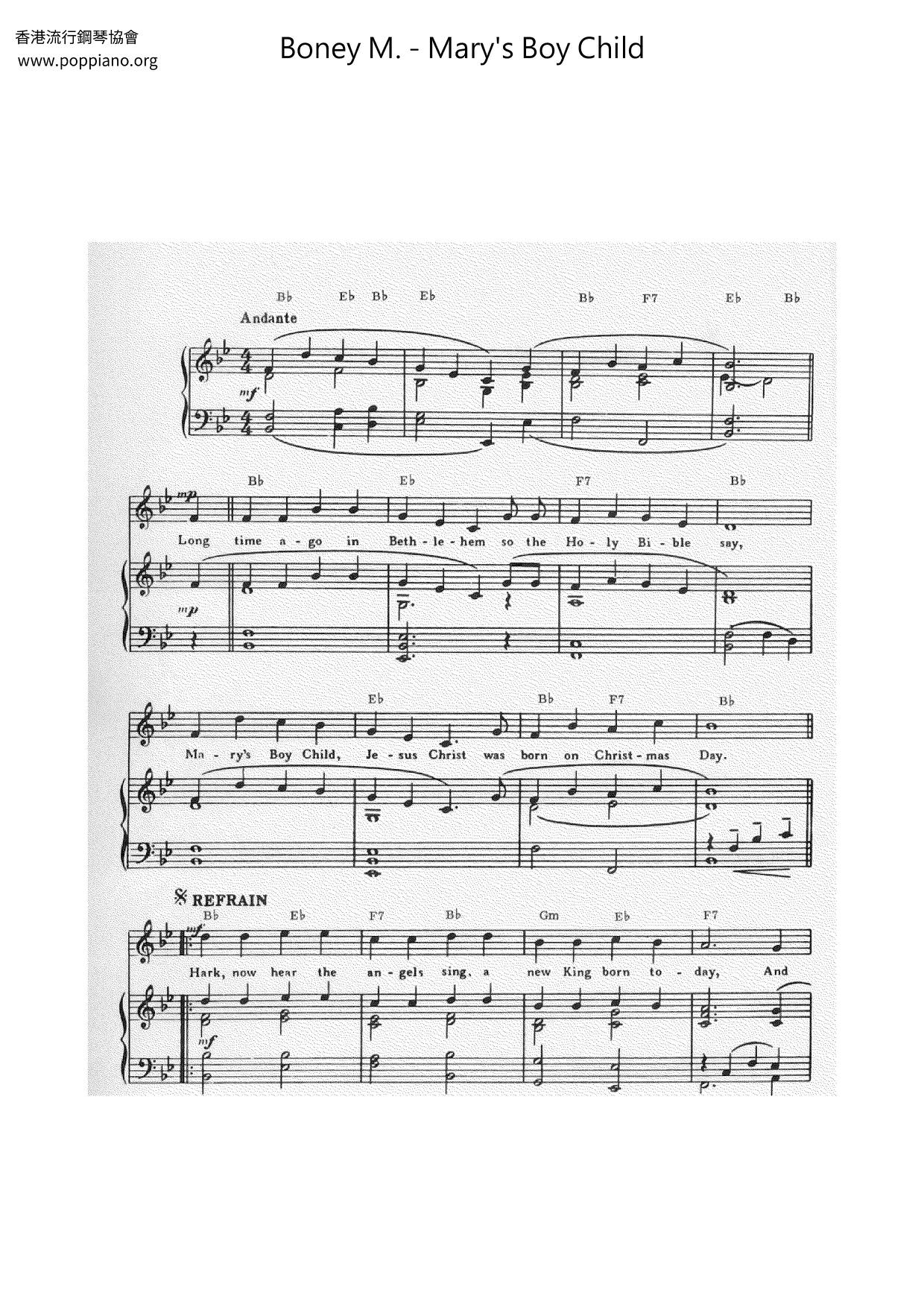 ★Boney M. - Mary's Boy Child ピアノ譜pdf- 香港ポップピアノ協会 無料PDF楽譜ダウンロード gakufu