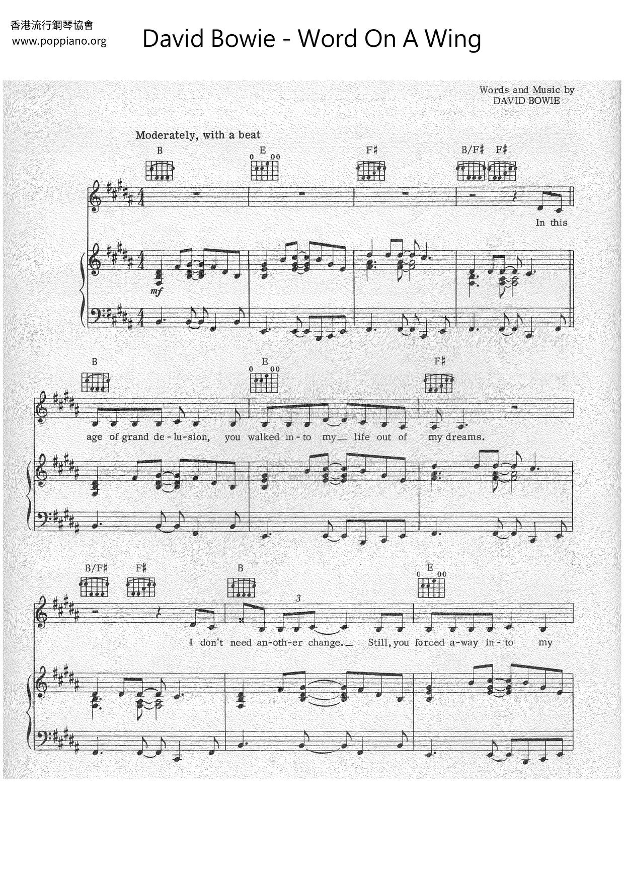 ★David Bowie - Word On A Wing ピアノ譜pdf- 香港ポップピアノ協会 無料PDF楽譜ダウンロード gakufu