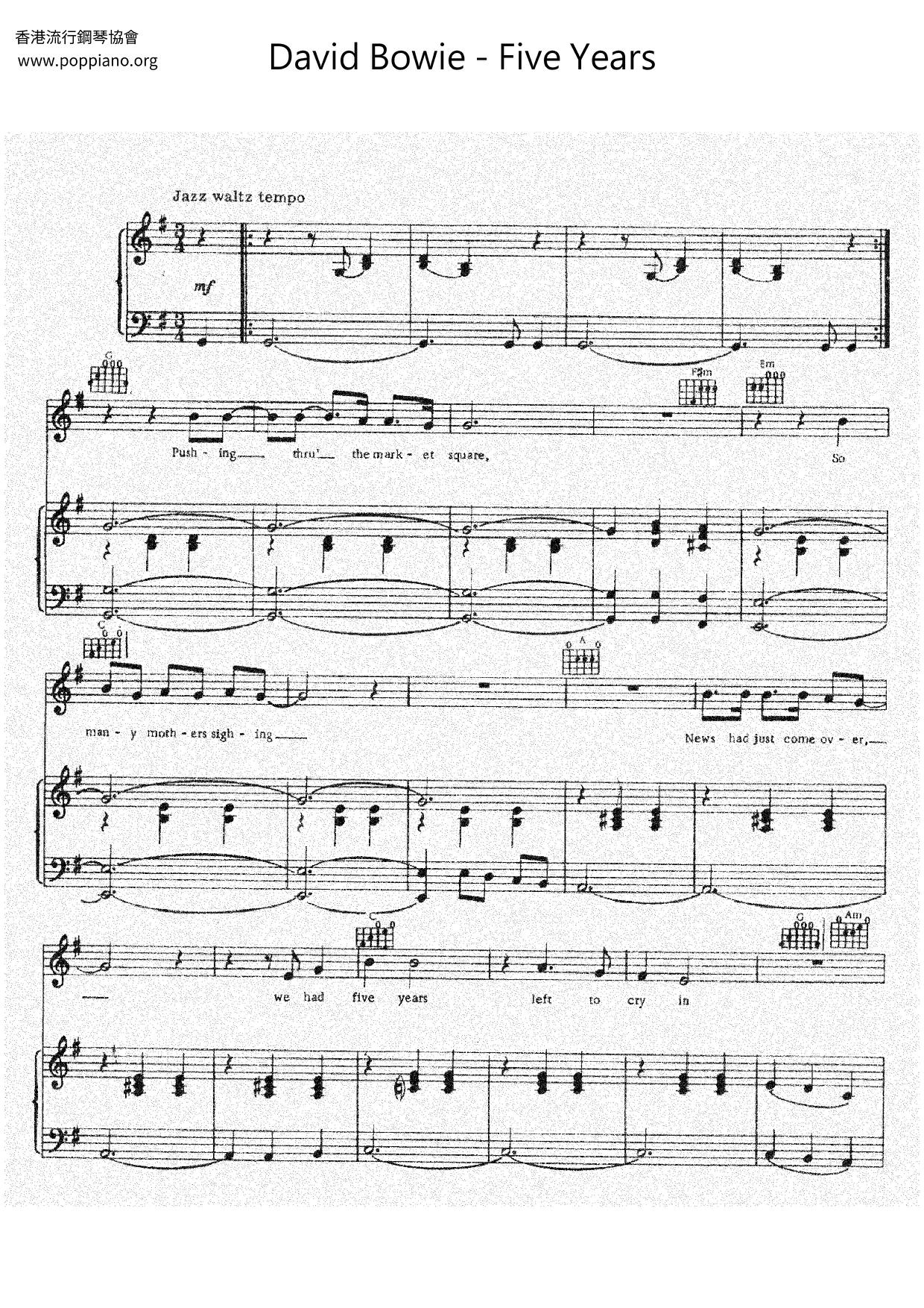 David Bowie-Five Years Sheet Music pdf, - Free Score Download ★
