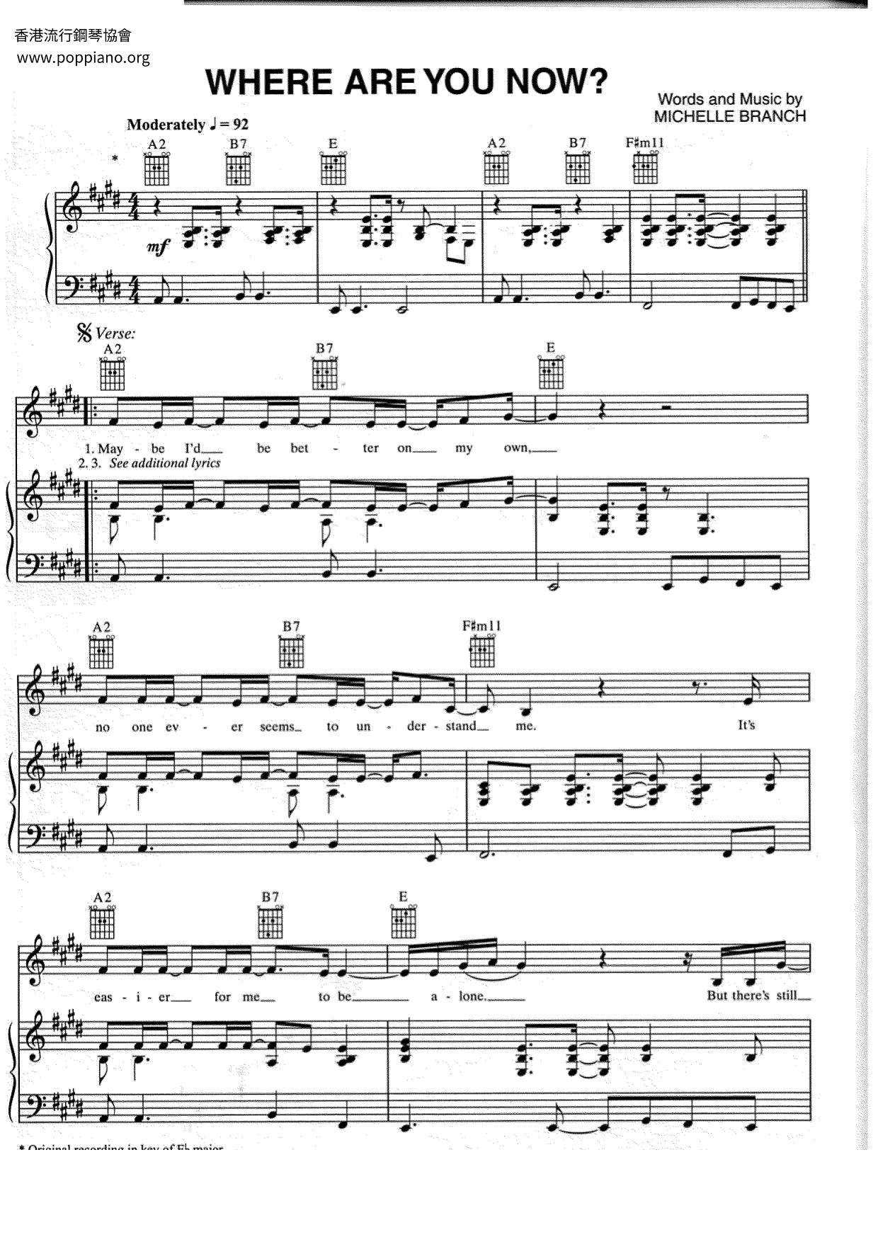 Michelle Branch-Where Are You Now? 琴譜pdf-香港流行鋼琴協會琴譜下載 ★