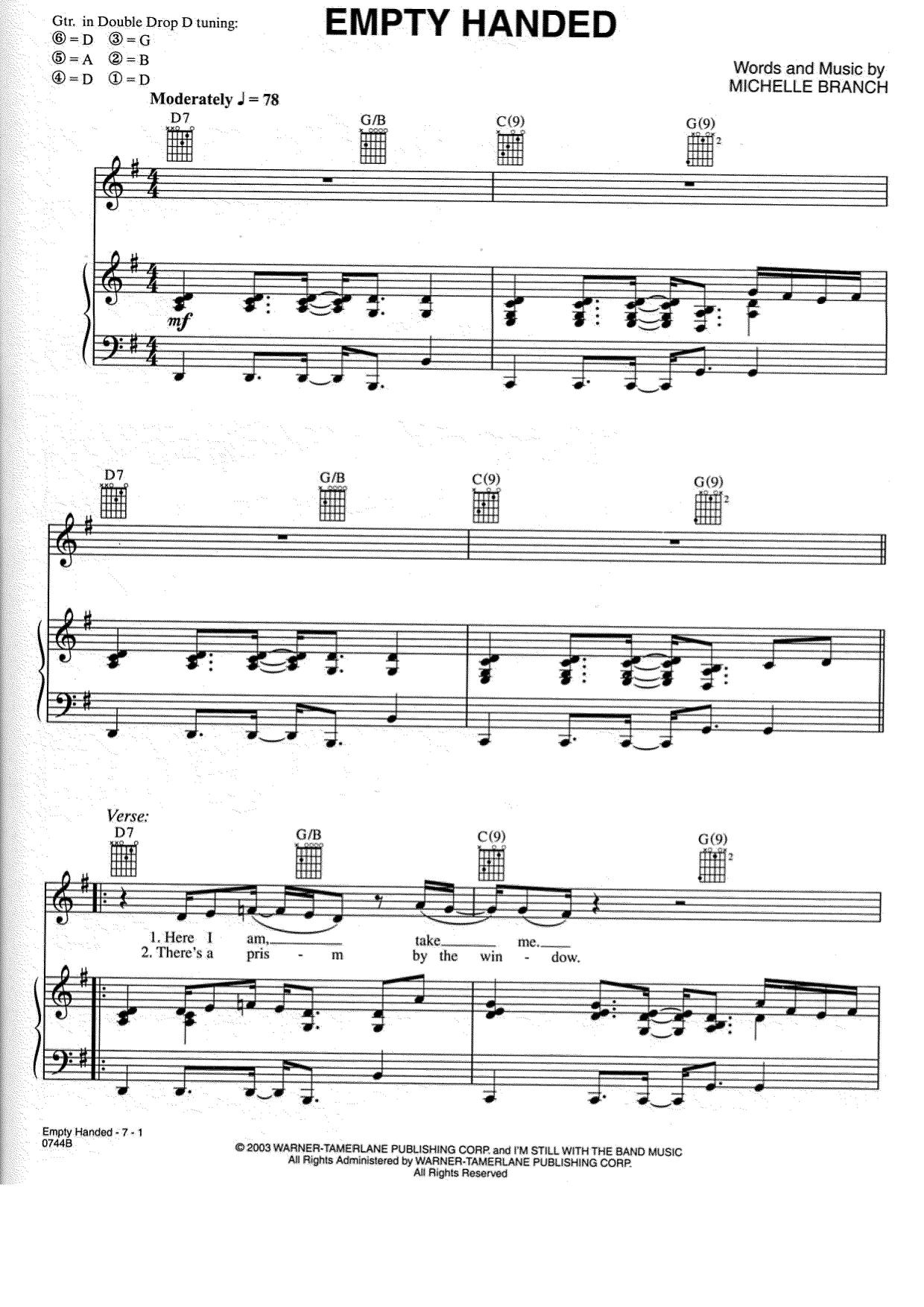 Michelle Branch-Empty Handed Sheet Music pdf, - Free Score Download ★