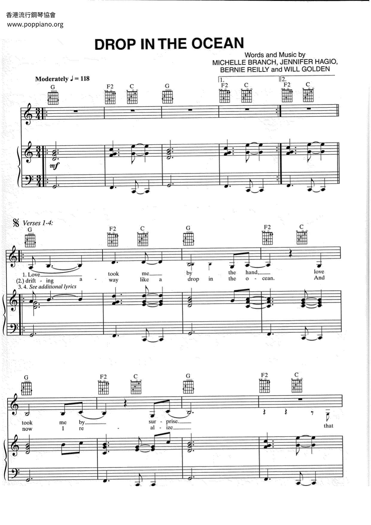 Michelle Branch-Drop In The Ocean 琴譜pdf-香港流行鋼琴協會琴譜下載 ★