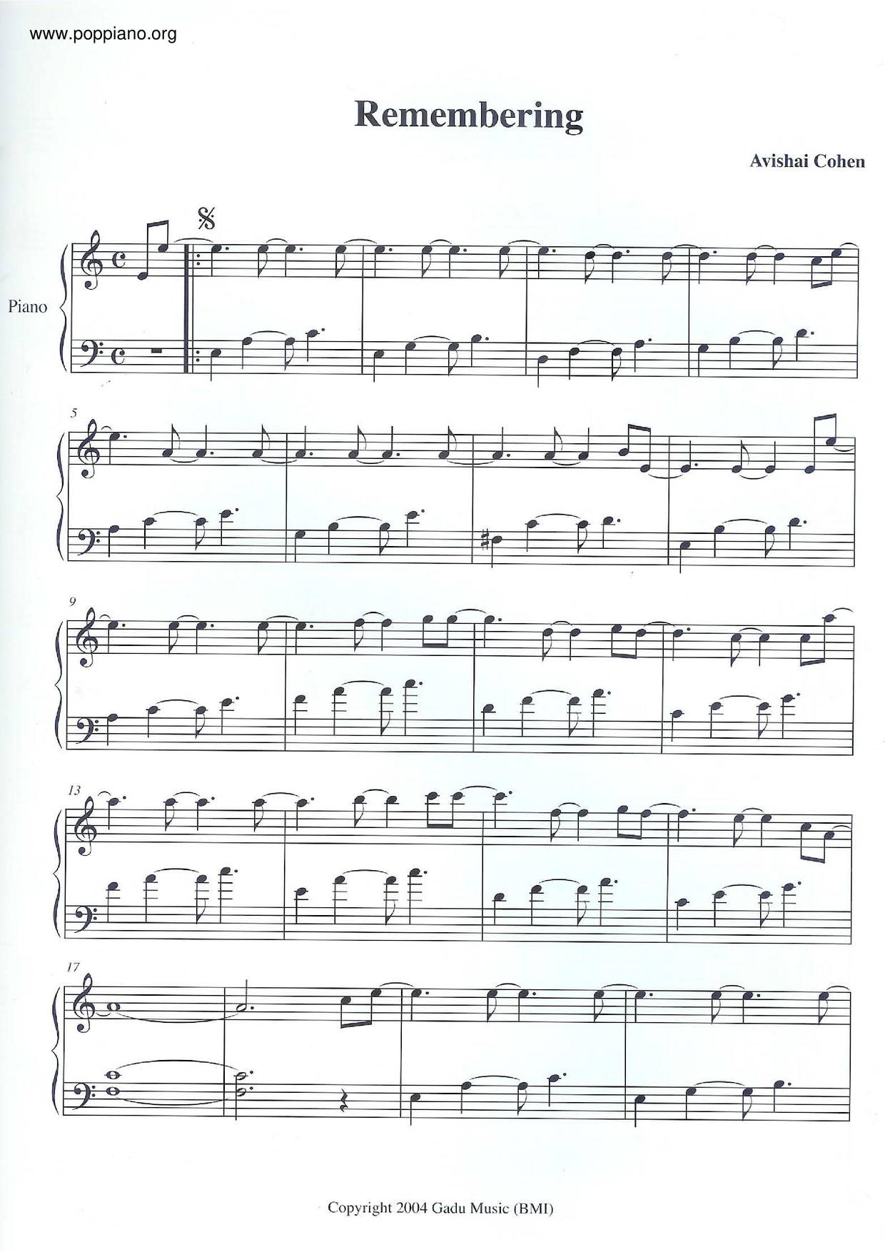 Avishai Cohen-Remembering 琴譜pdf-香港流行鋼琴協會琴譜下載 ★