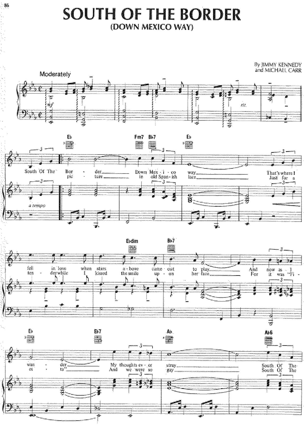 ★Patsy Cline - South Of The Border ピアノ譜pdf- 香港ポップピアノ協会 無料PDF楽譜ダウンロード gakufu