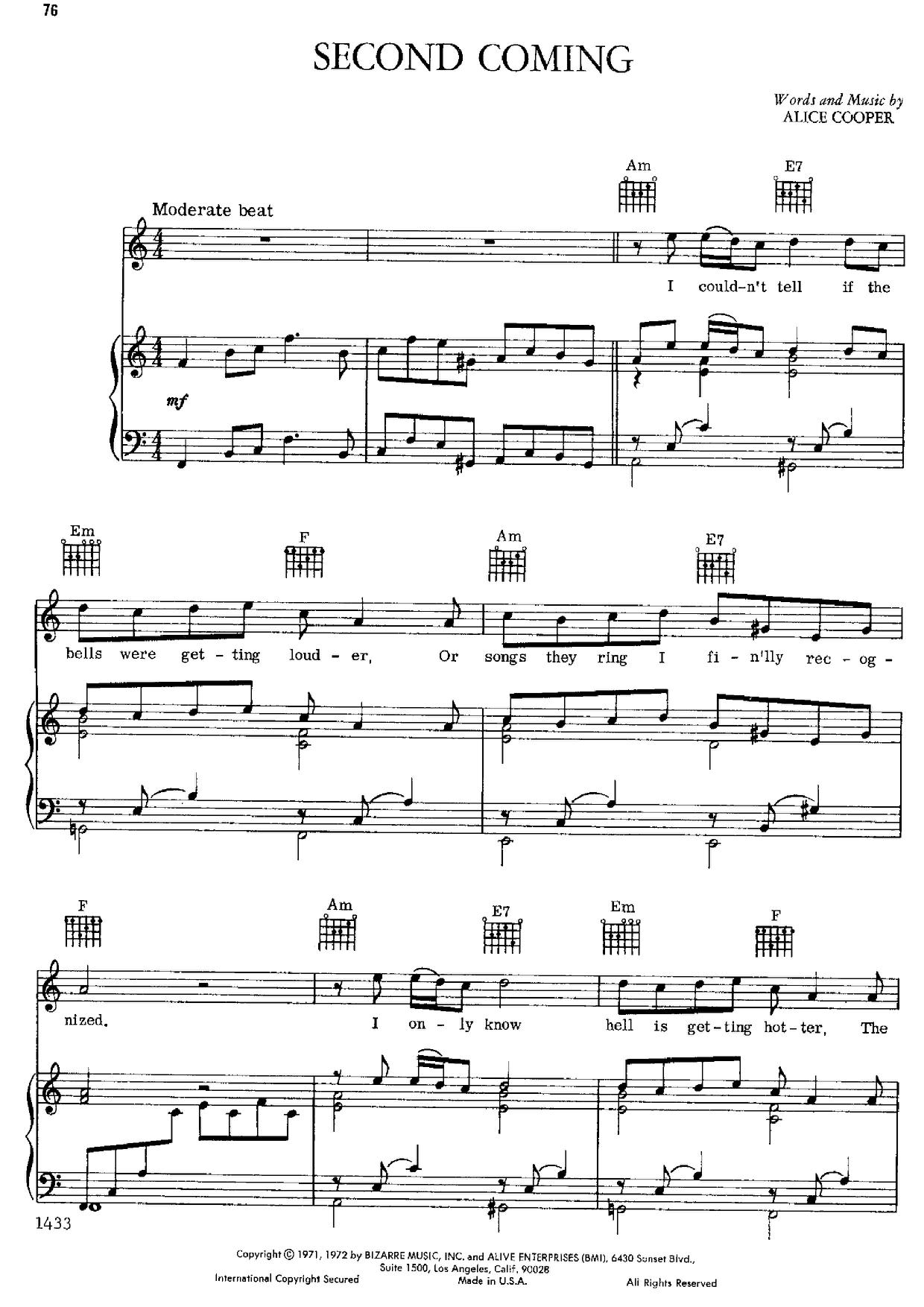 Alice Cooper-Second Coming Sheet Music pdf, - Free Score Download ★