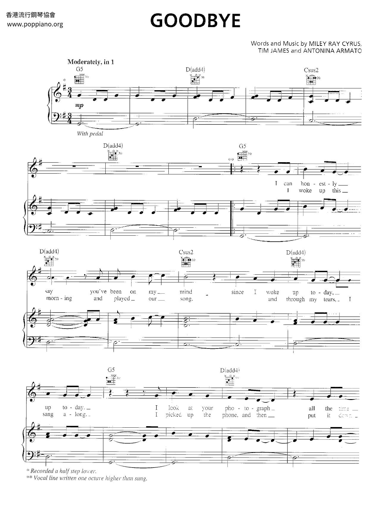 Miley Cyrus-Goodbye 琴譜pdf-香港流行鋼琴協會琴譜下載 ★