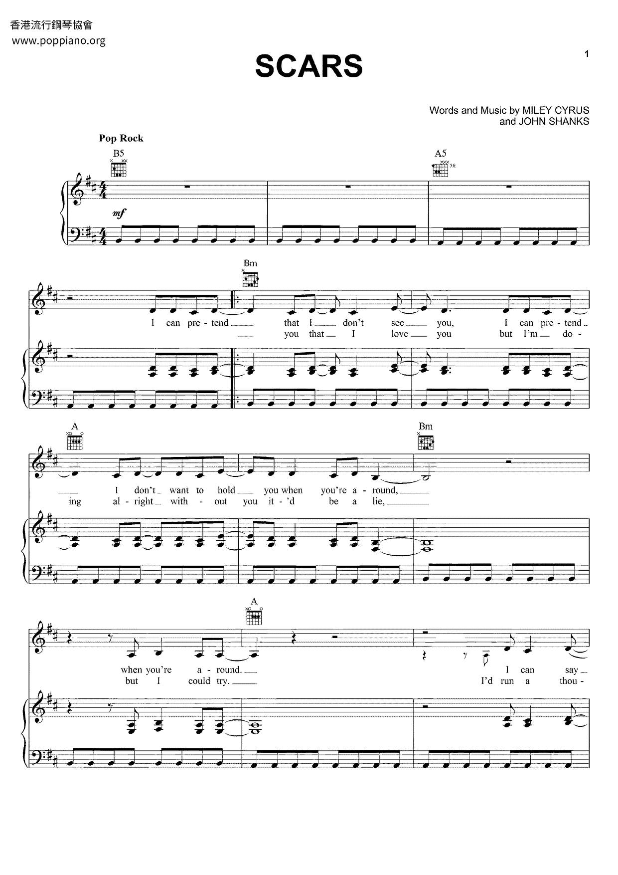 Miley Cyrus-Scars 琴譜pdf-香港流行鋼琴協會琴譜下載 ★