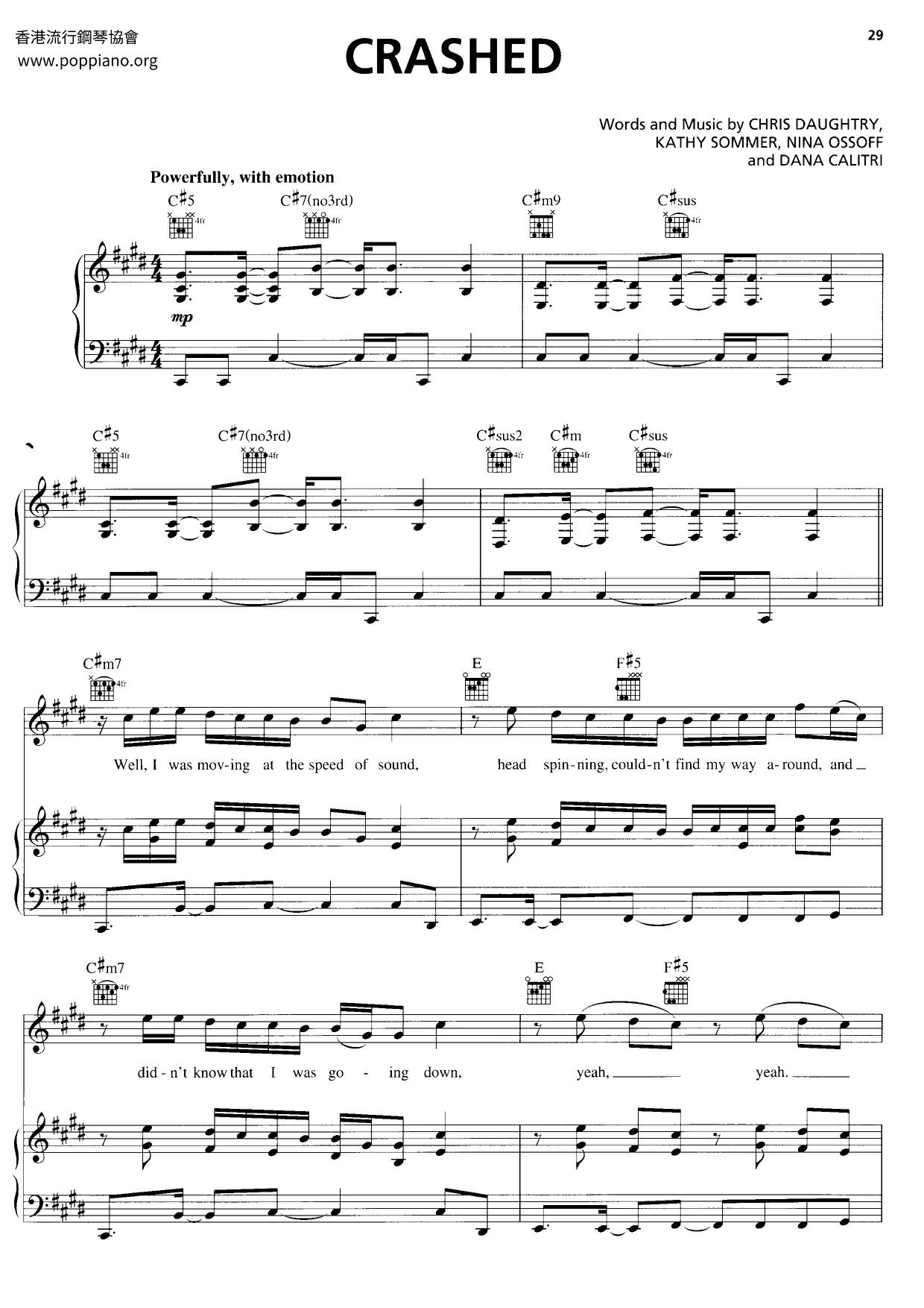 ★Daughtry - Crashed ピアノ譜pdf- 香港ポップピアノ協会 無料PDF楽譜ダウンロード gakufu