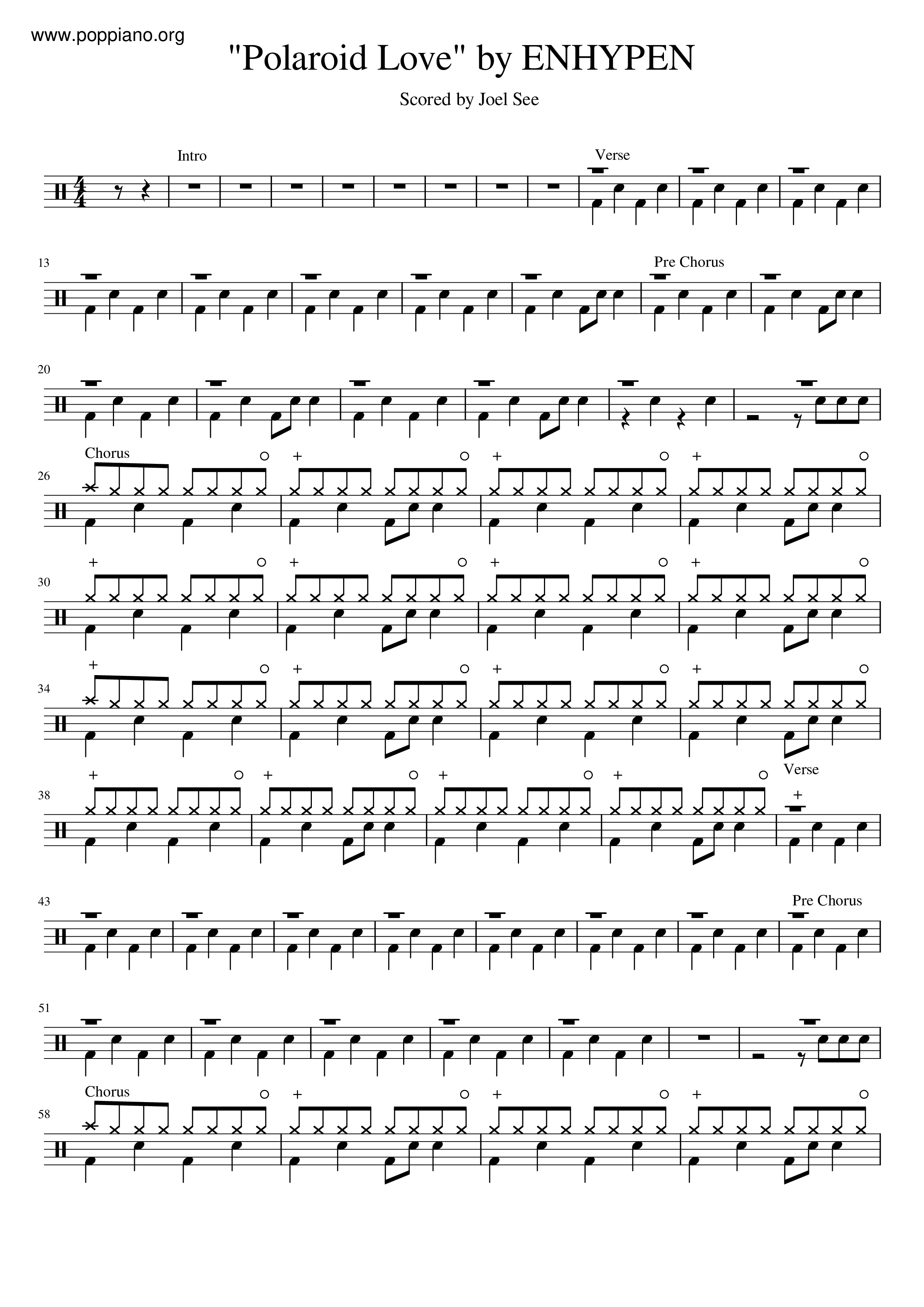 ENHYPEN-Polaroid Love 鼓谱pdf-香港流行钢琴协会琴谱下载 ★
