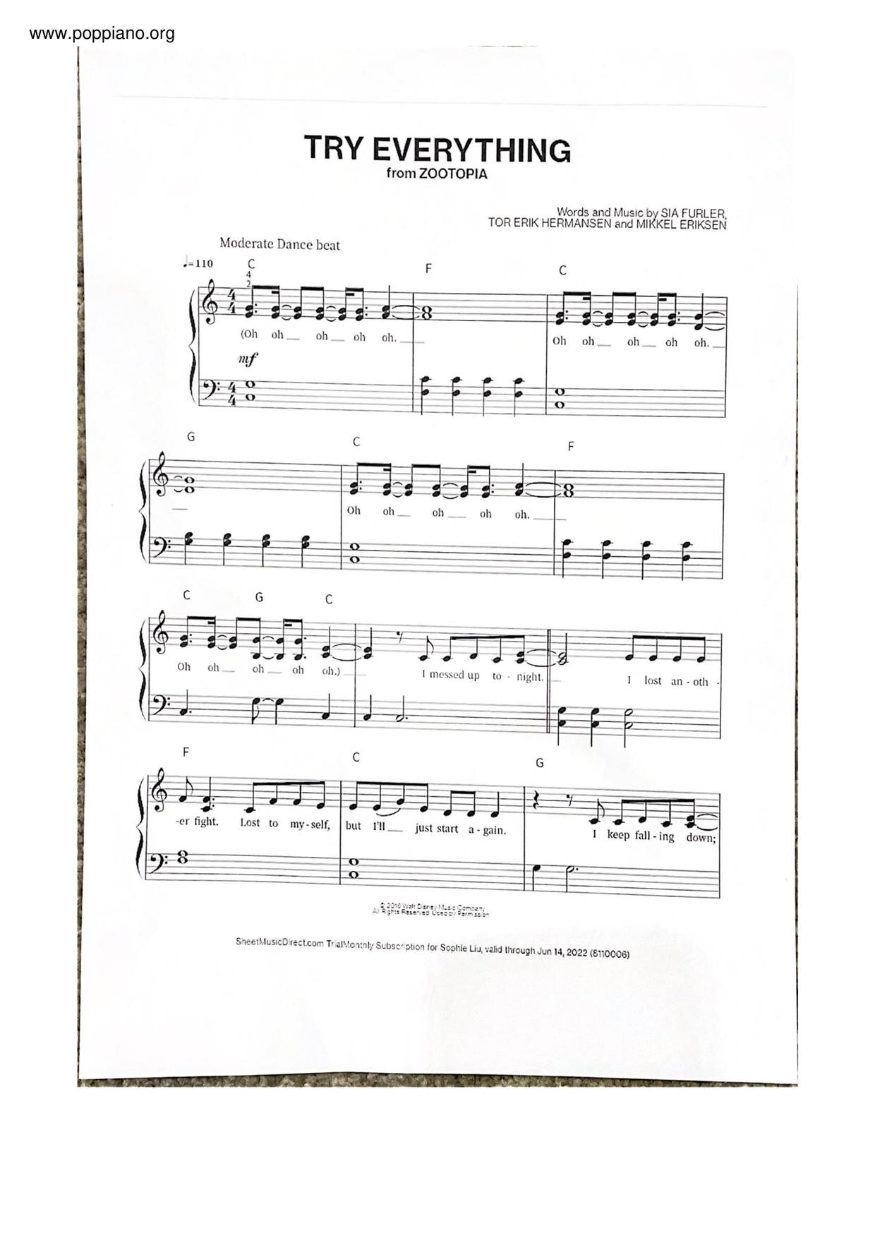 Zootopia - Try Everything | Sheet Music | Piano Score Free PDF Download ...