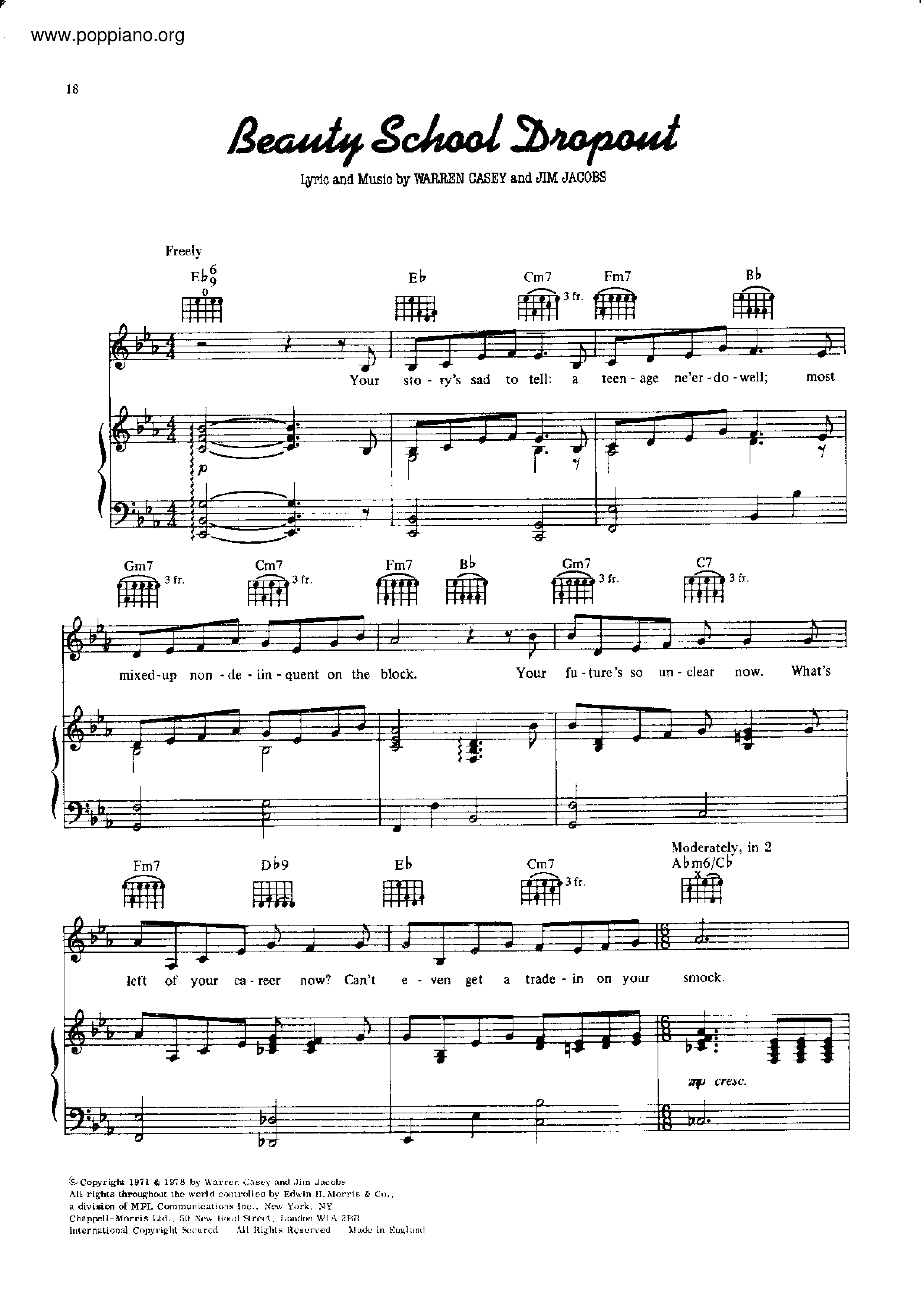 Warren Casey-Beauty School Dropout - From “Grease” Sheet Music pdf ...