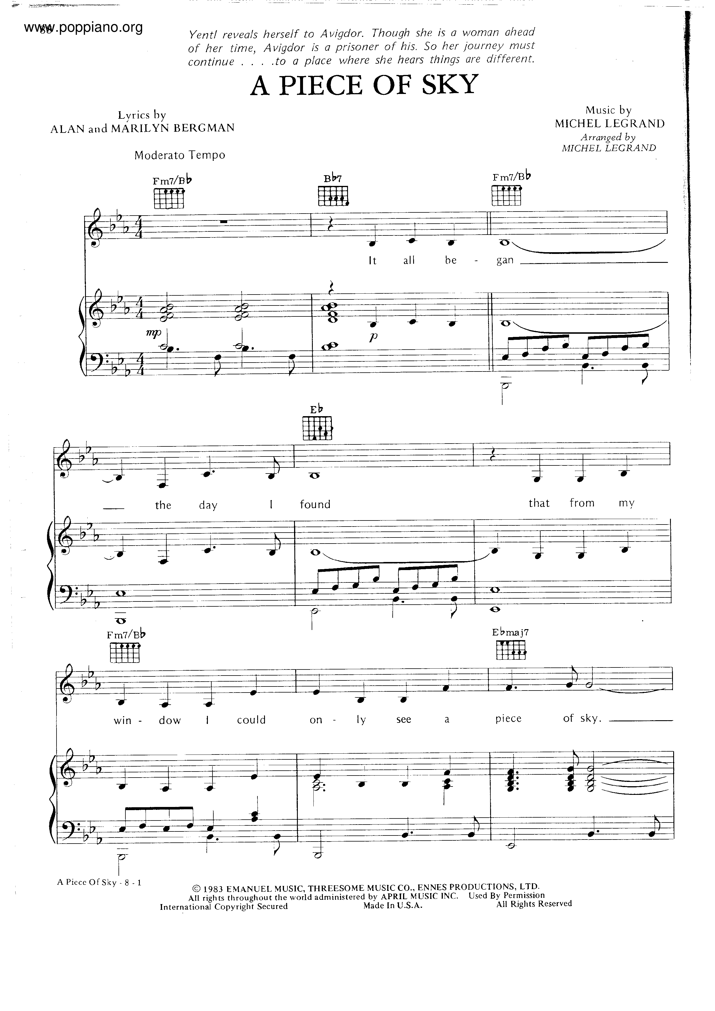 Barbra Streisand-A Piece Of Sky 琴譜pdf-香港流行鋼琴協會琴譜下載 ★