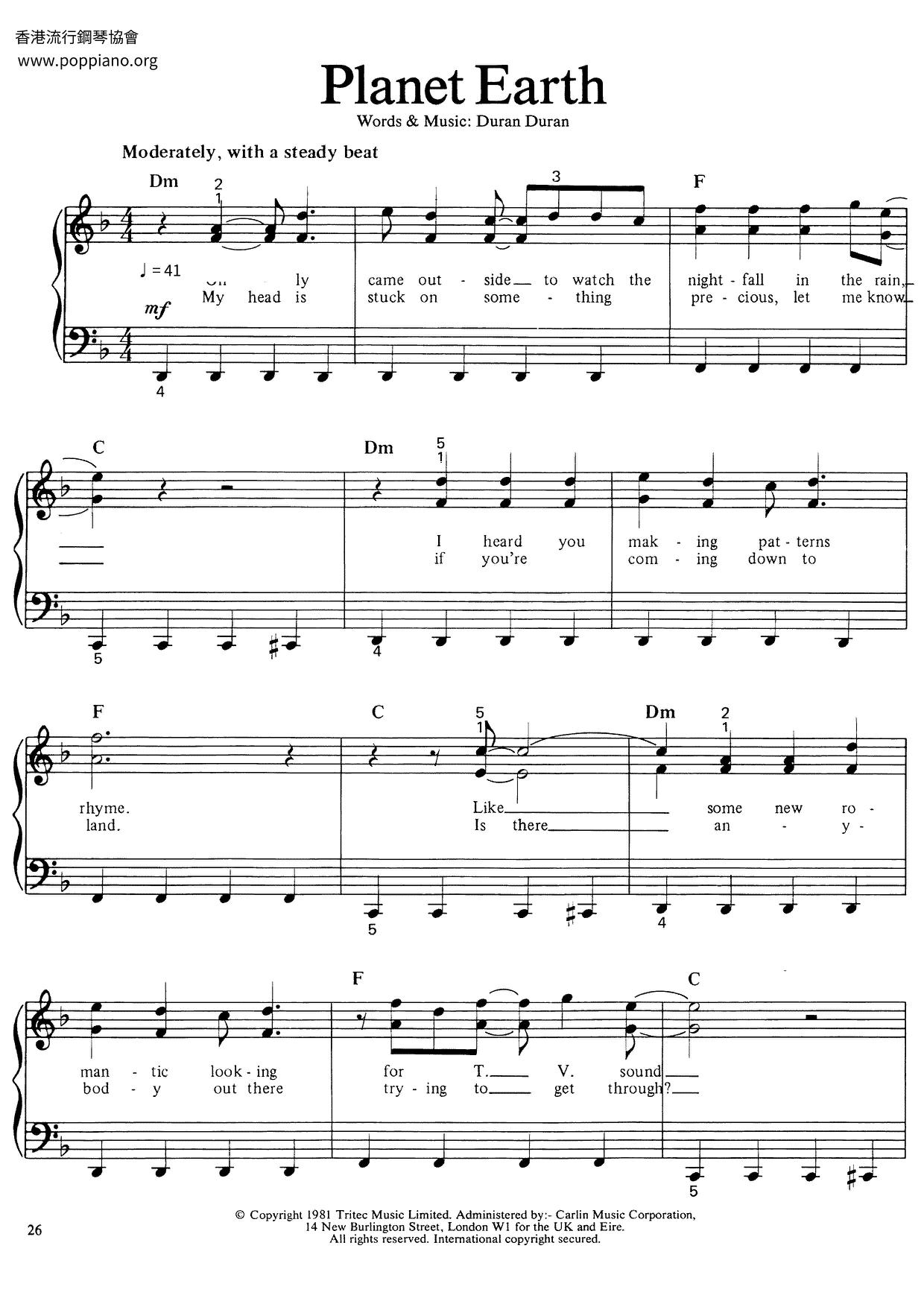 ★Duran Duran - Planet Earth ピアノ譜pdf- 香港ポップピアノ協会 無料PDF楽譜ダウンロード gakufu