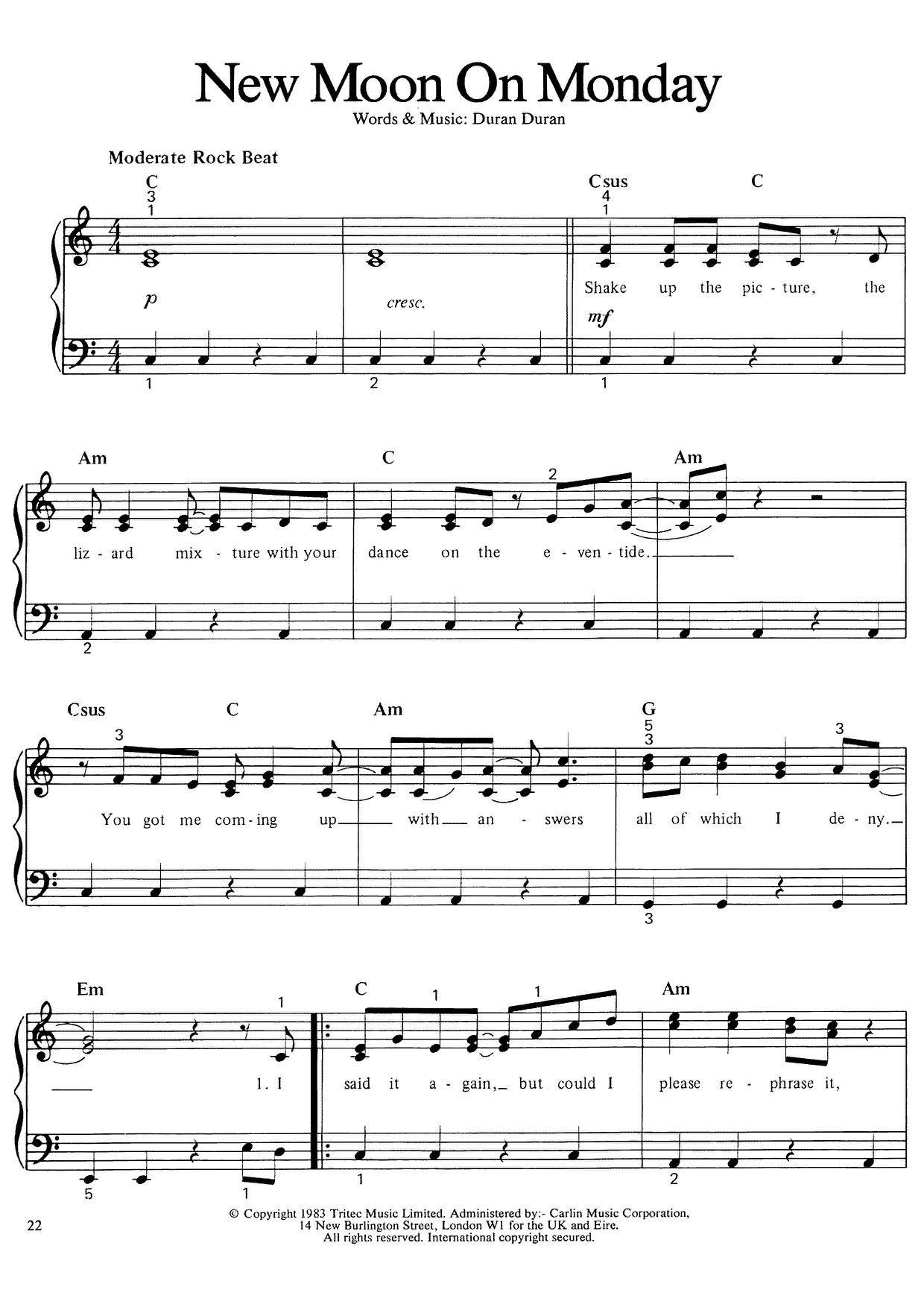 ★Duran Duran - New Moon On Monday ピアノ譜pdf- 香港ポップピアノ協会 無料PDF楽譜ダウンロード ...