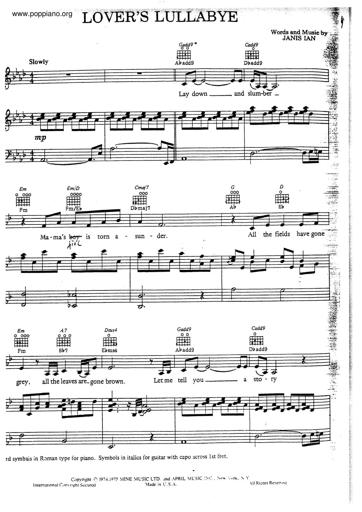 Janis Ian-Lover's Lullaby Sheet Music pdf, - Free Score Download ★