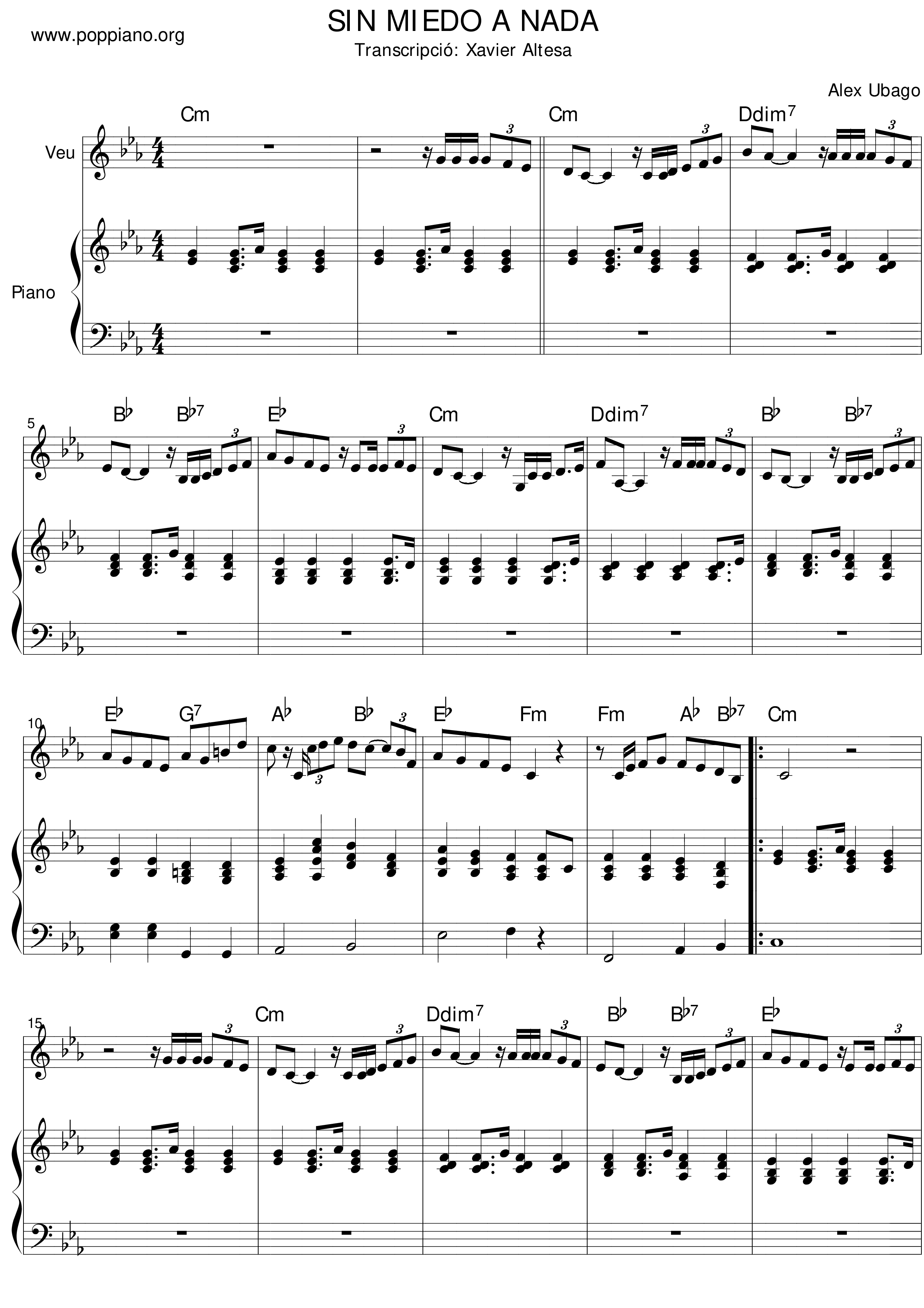 Alex Ubago-Sin Miedo A Nada Sheet Music pdf, - Free Score Download ★