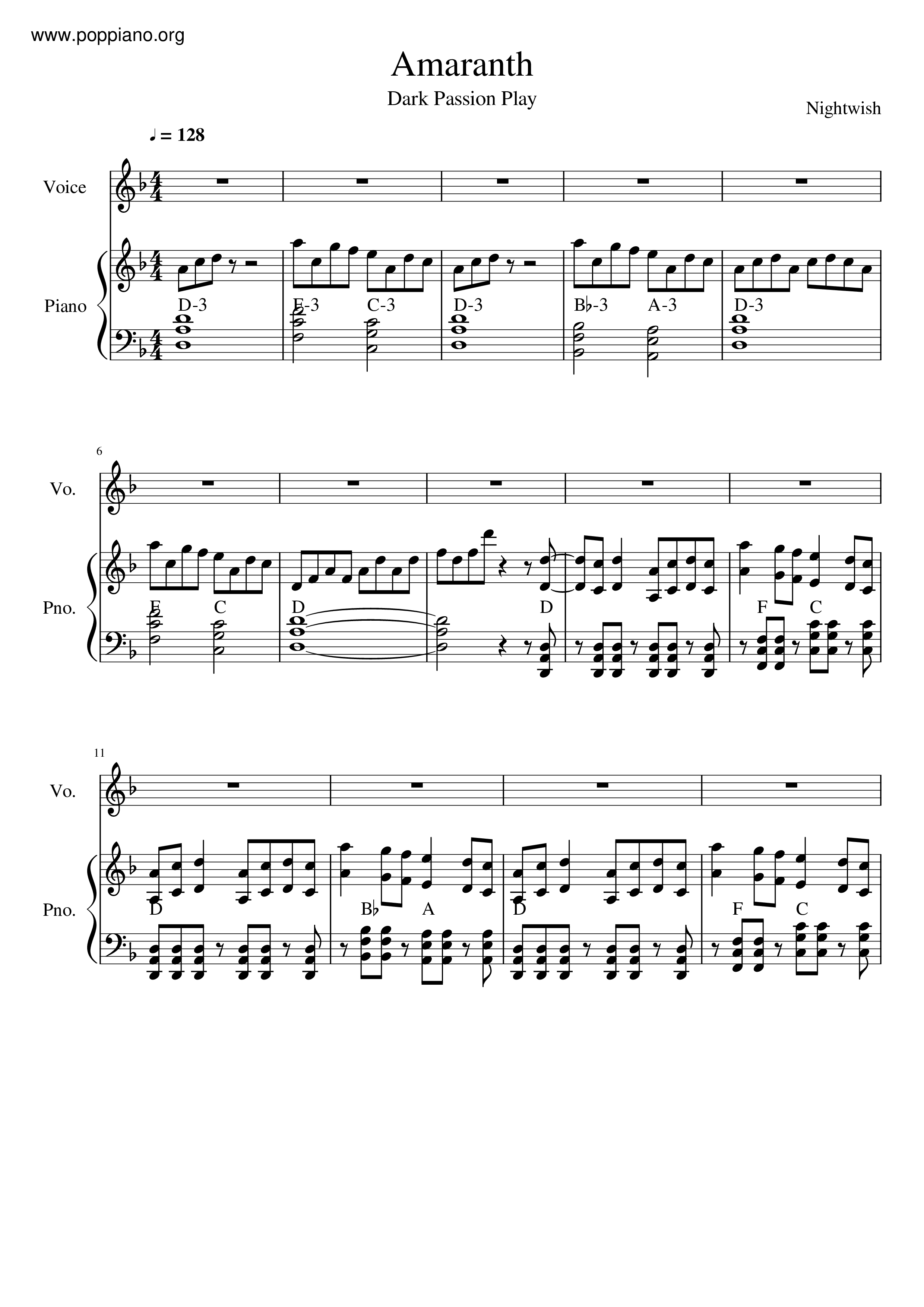 Nightwish-Amaranth Sheet Music pdf, - Free Score Download ★