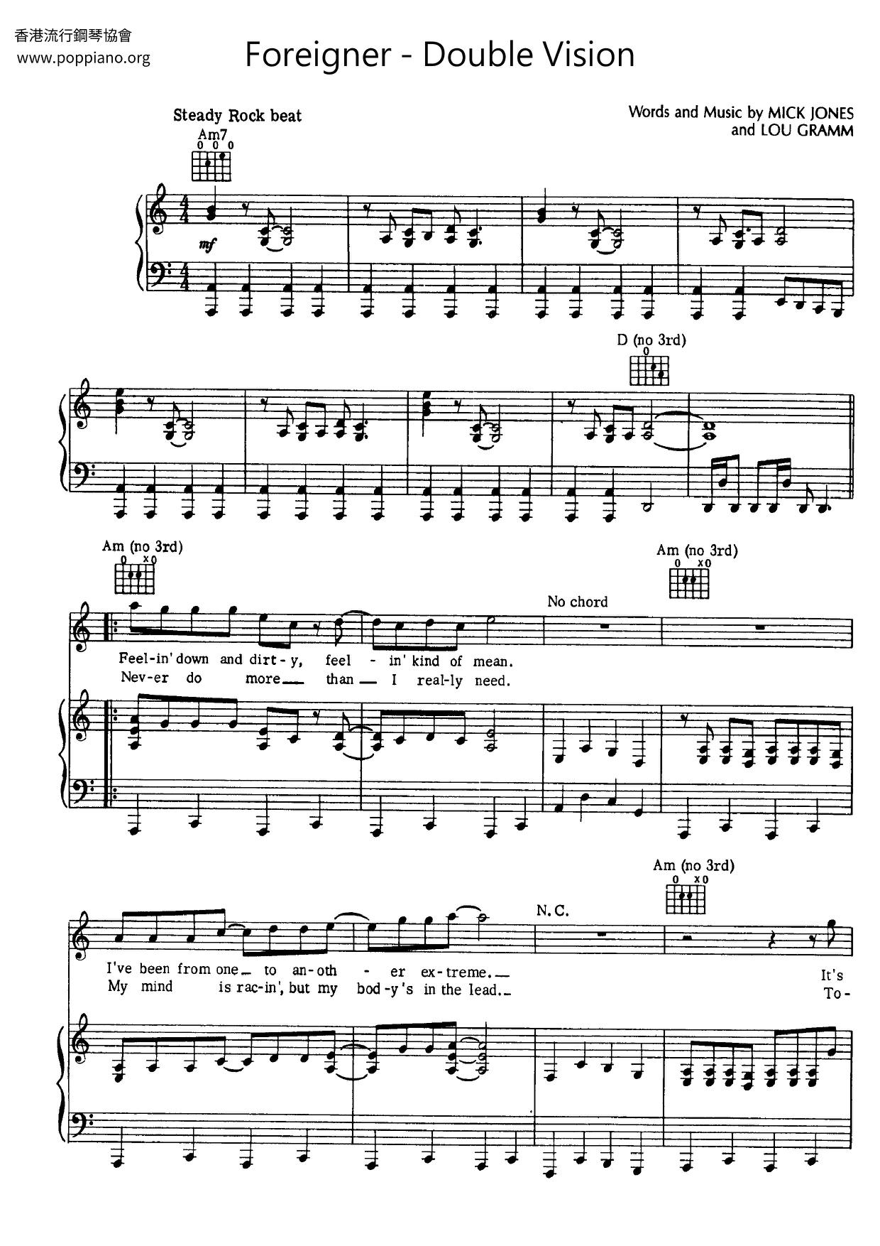 Foreigner-Double Vision Sheet Music pdf, - Free Score Download ★