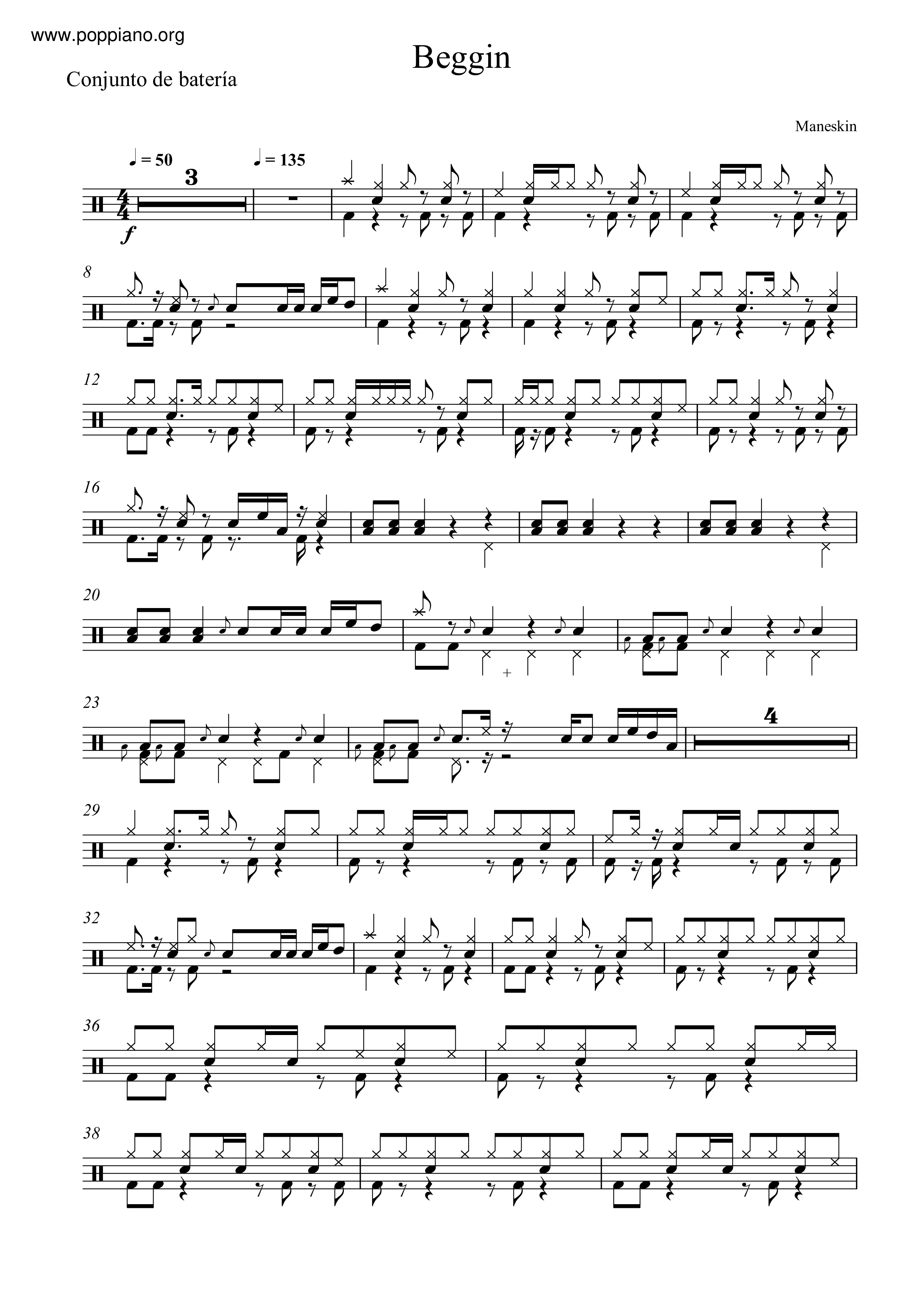 Maneskin-Beggin' Drum Tab pdf, - Free Score Download ★