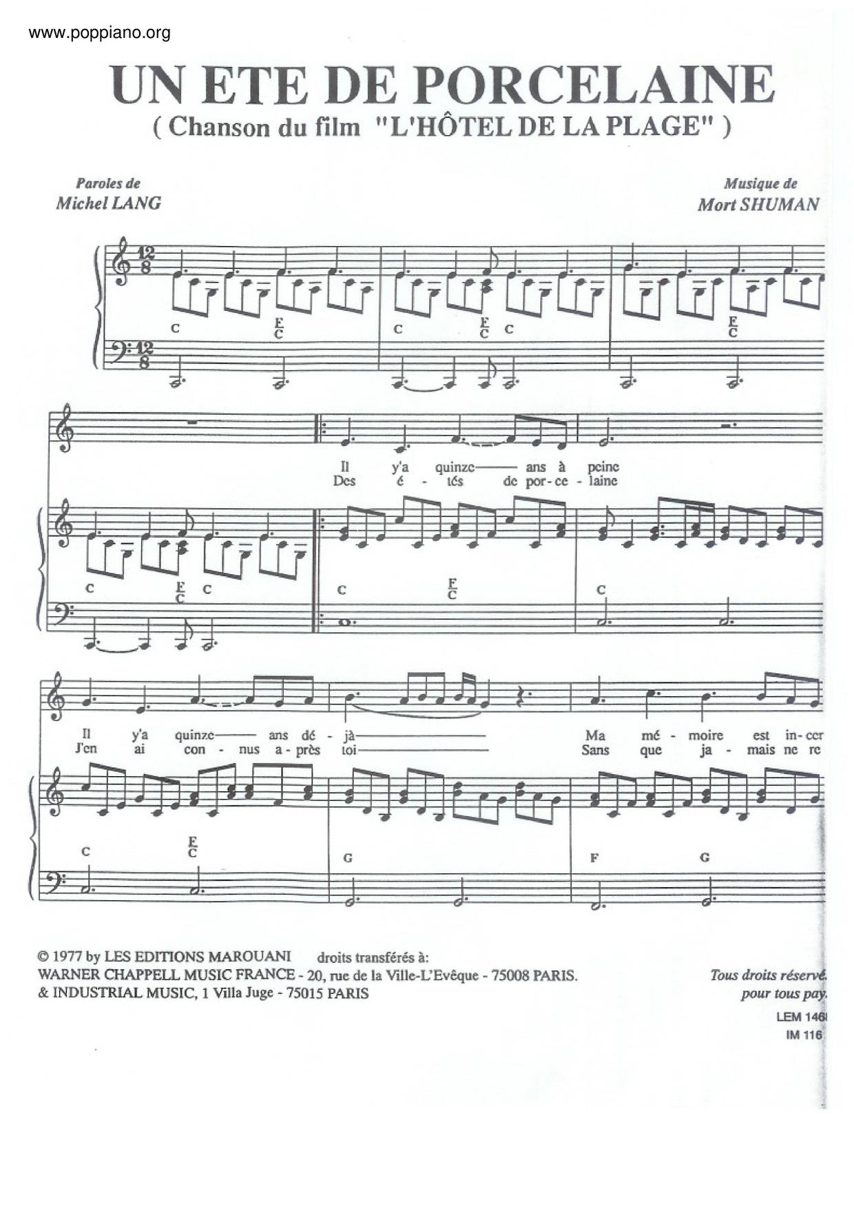 Mort Schuman-Un été de porcelaine Sheet Music pdf, - Free Score Download ★