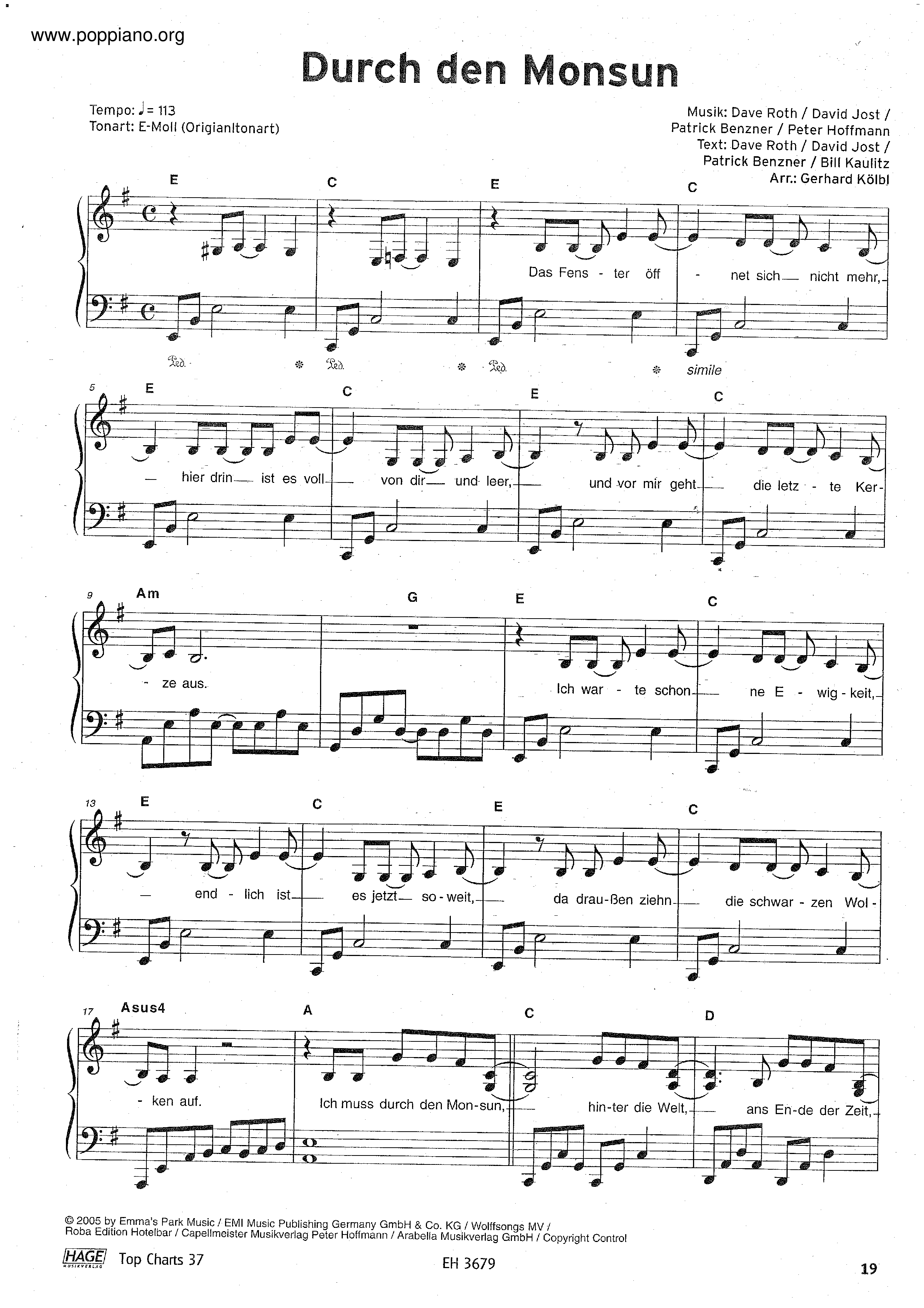 Tokio Hotel-Durch Den Monsun Sheet Music pdf, - Free Score Download ★