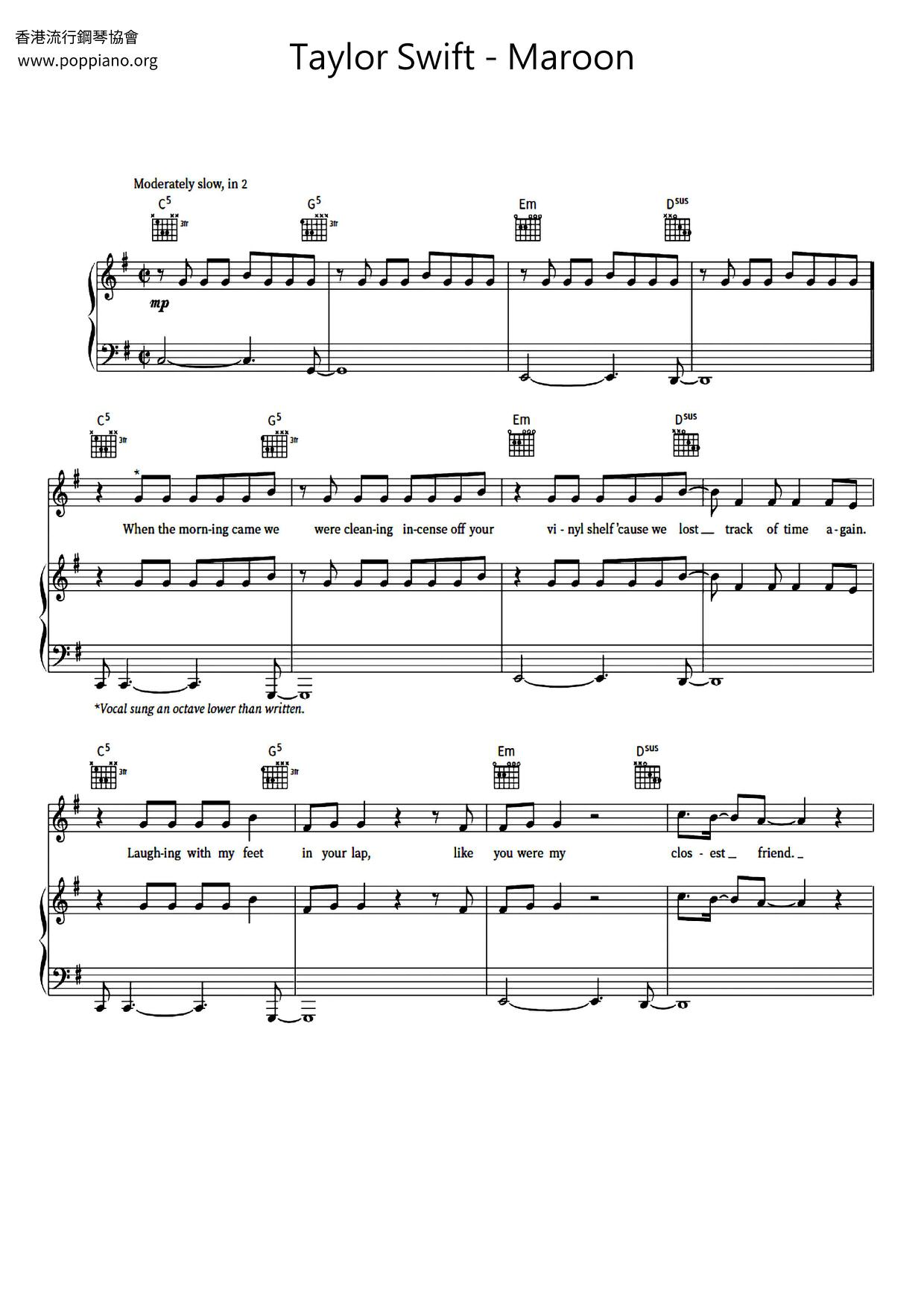 Taylor Swift-Maroon Sheet Music pdf, - Free Score Download ★