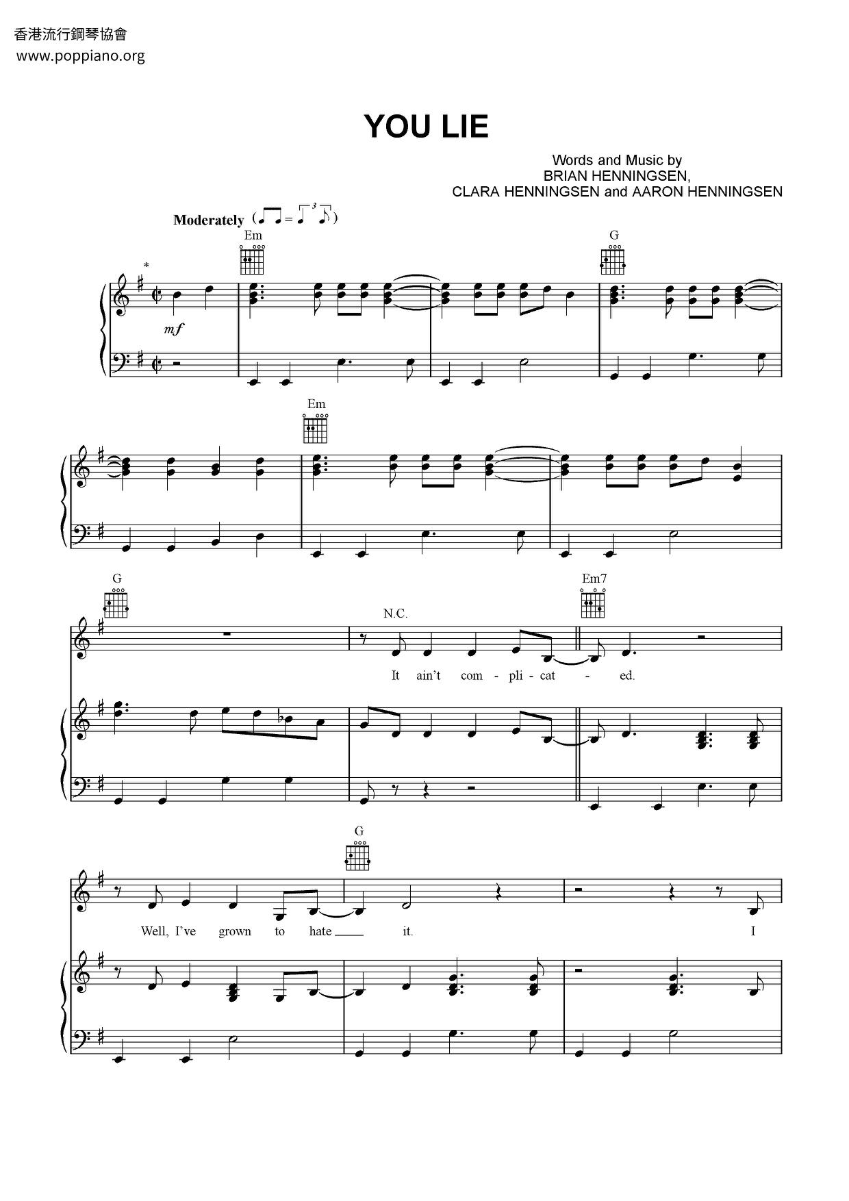 The Band Perry-You Lie 琴譜pdf-香港流行鋼琴協會琴譜下載 ★