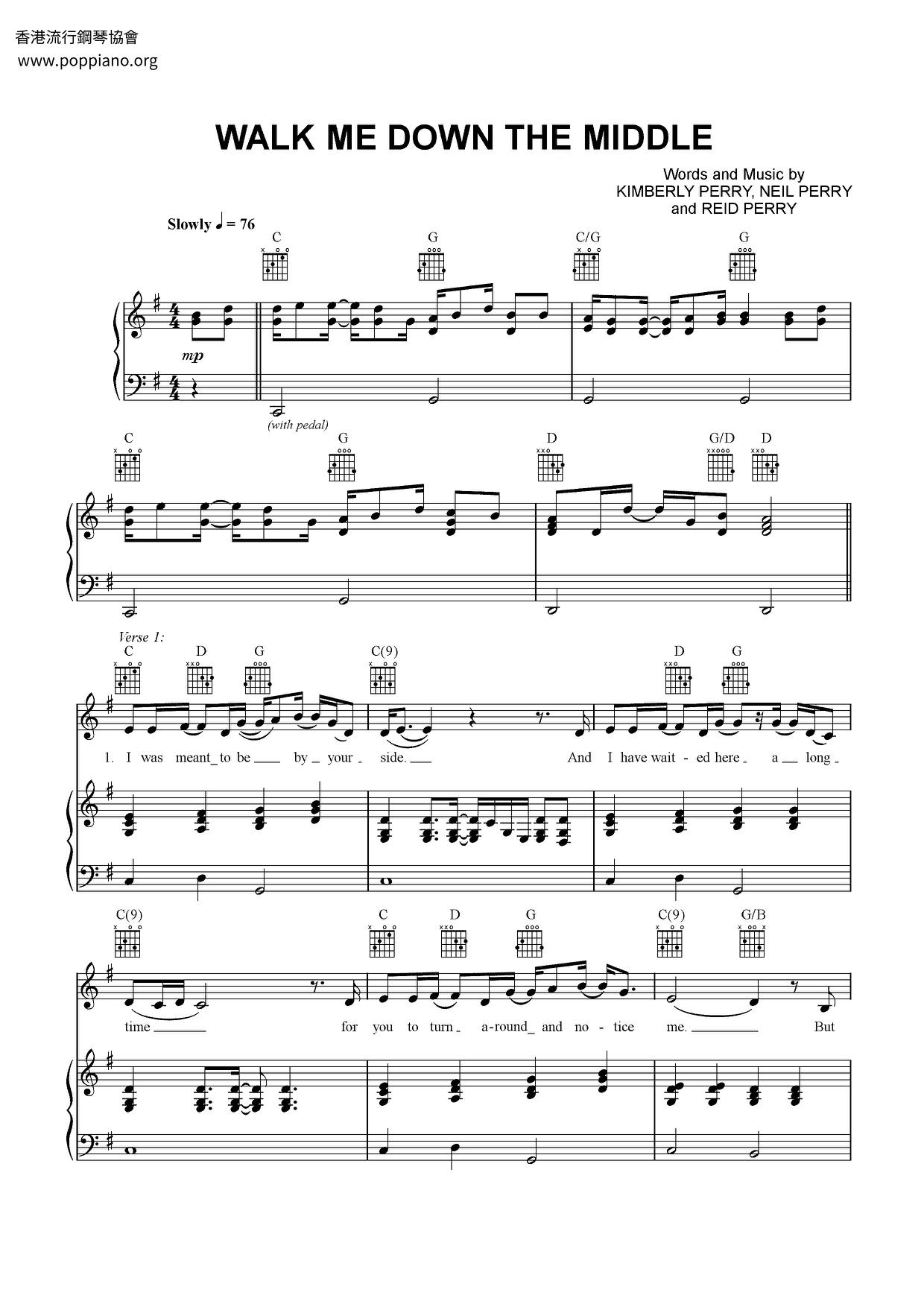 The Band Perry-Walk Me Down The Middle 琴譜pdf-香港流行鋼琴協會琴譜下載 ★
