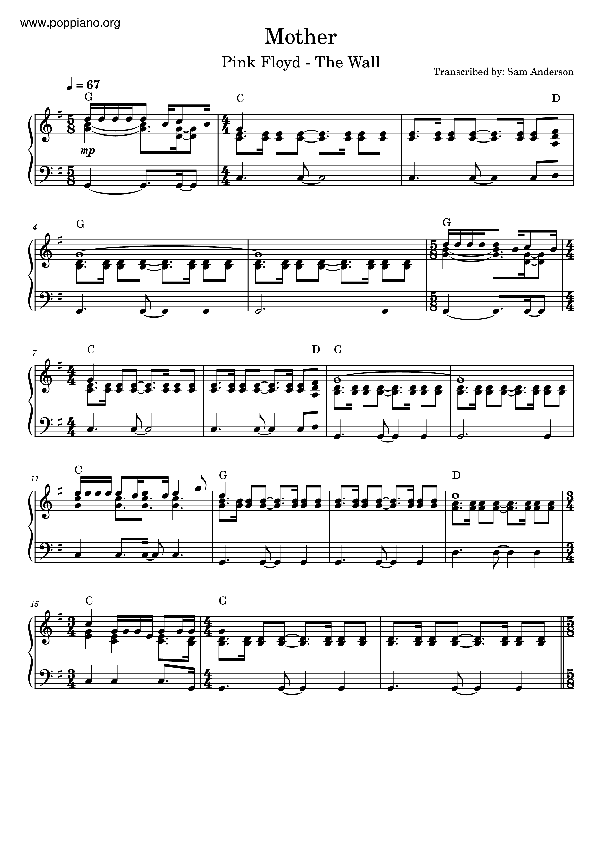 Pink Floyd-Mother 琴谱/五线谱pdf-香港流行钢琴协会琴谱下载 ★