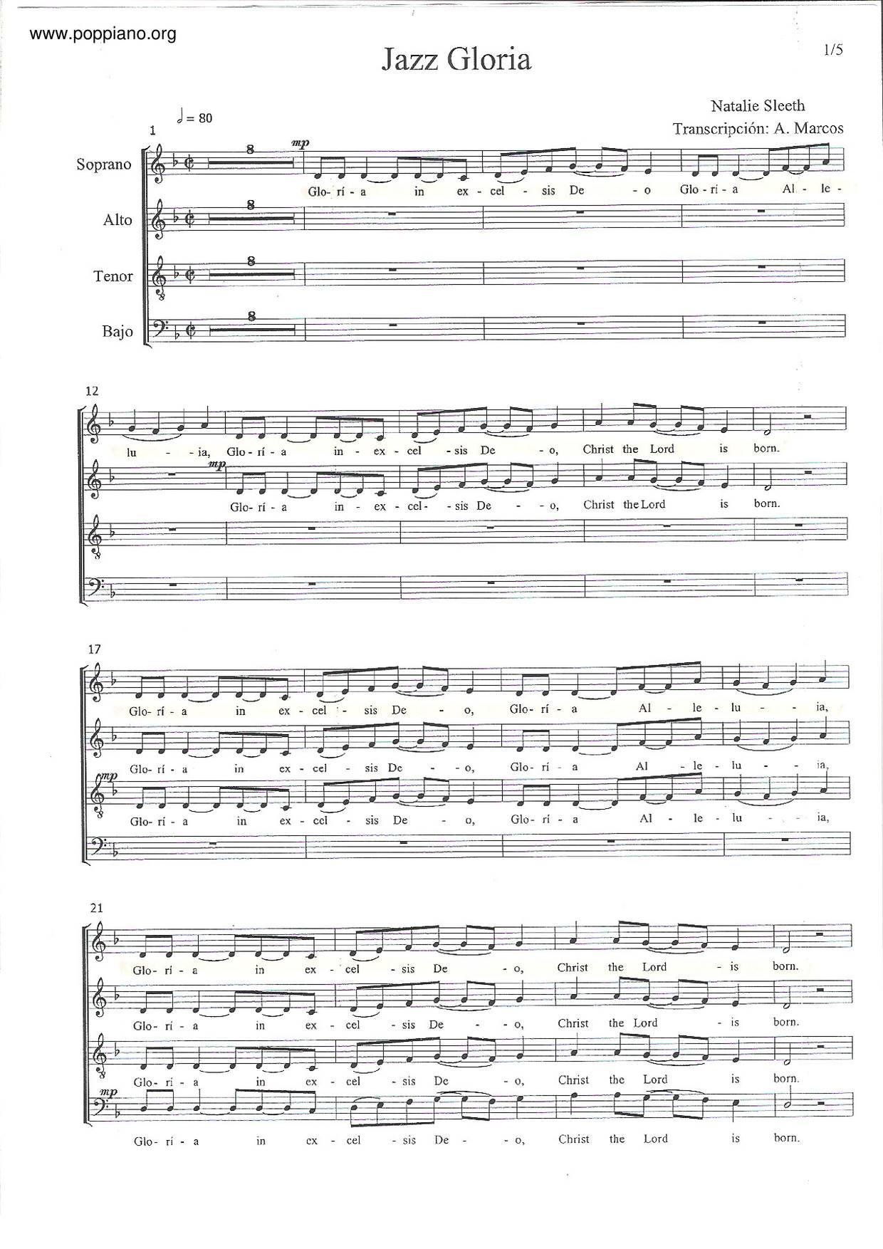 Natalie Sleeth-Jazz Gloria Sheet Music pdf, - Free Score Download ★