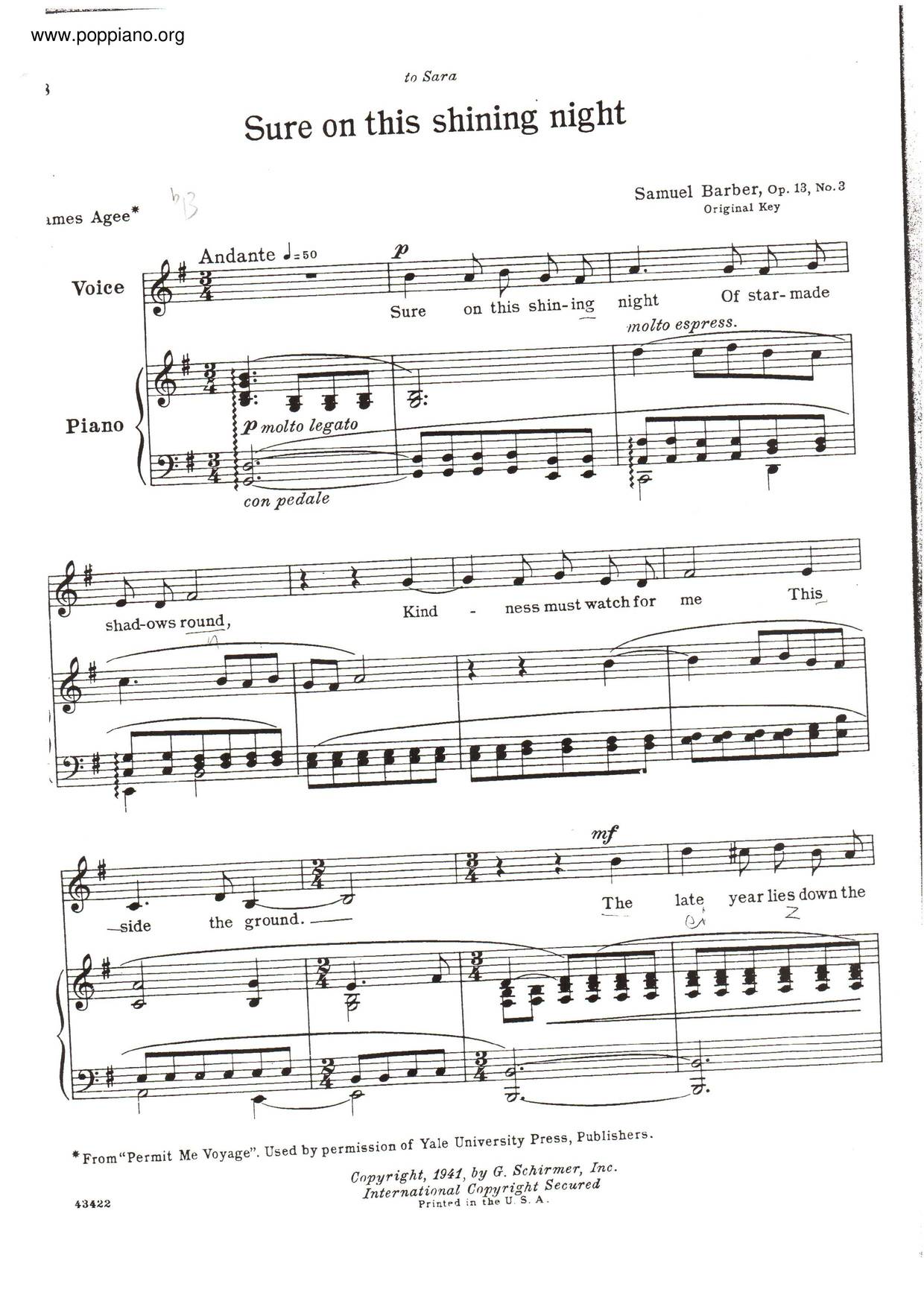Samuel Barber-Sure On This Shining Night 琴譜pdf-香港流行鋼琴協會琴譜下載 ★