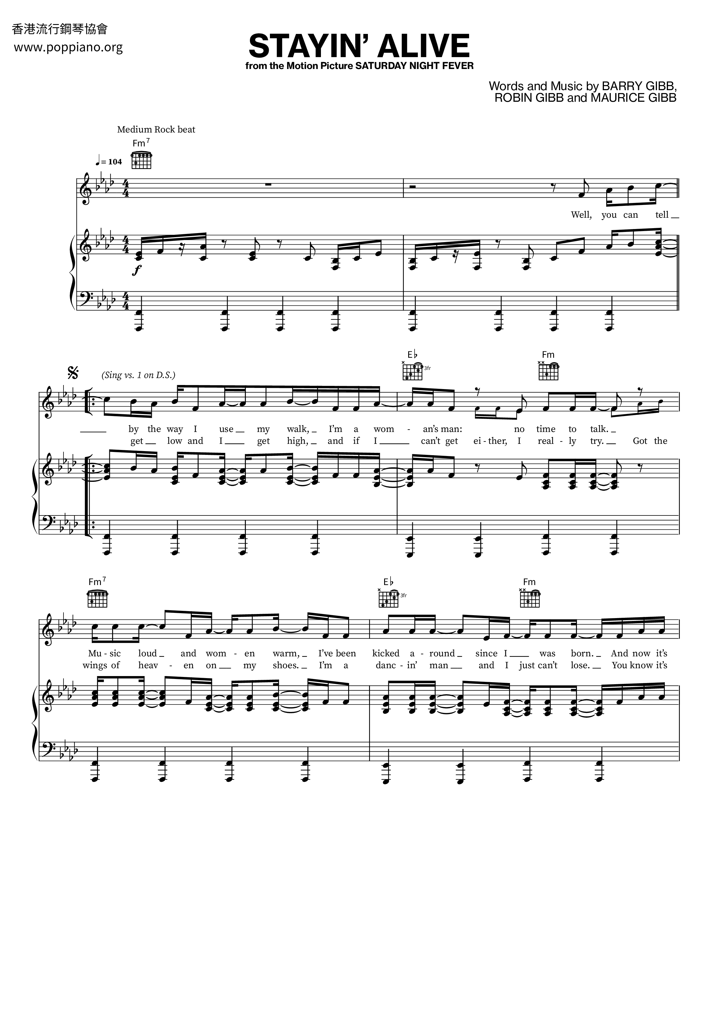 Stayin' Alive - Sheet Music / Piano Score Free PDF Download - HK Pop Piano Academy ★
