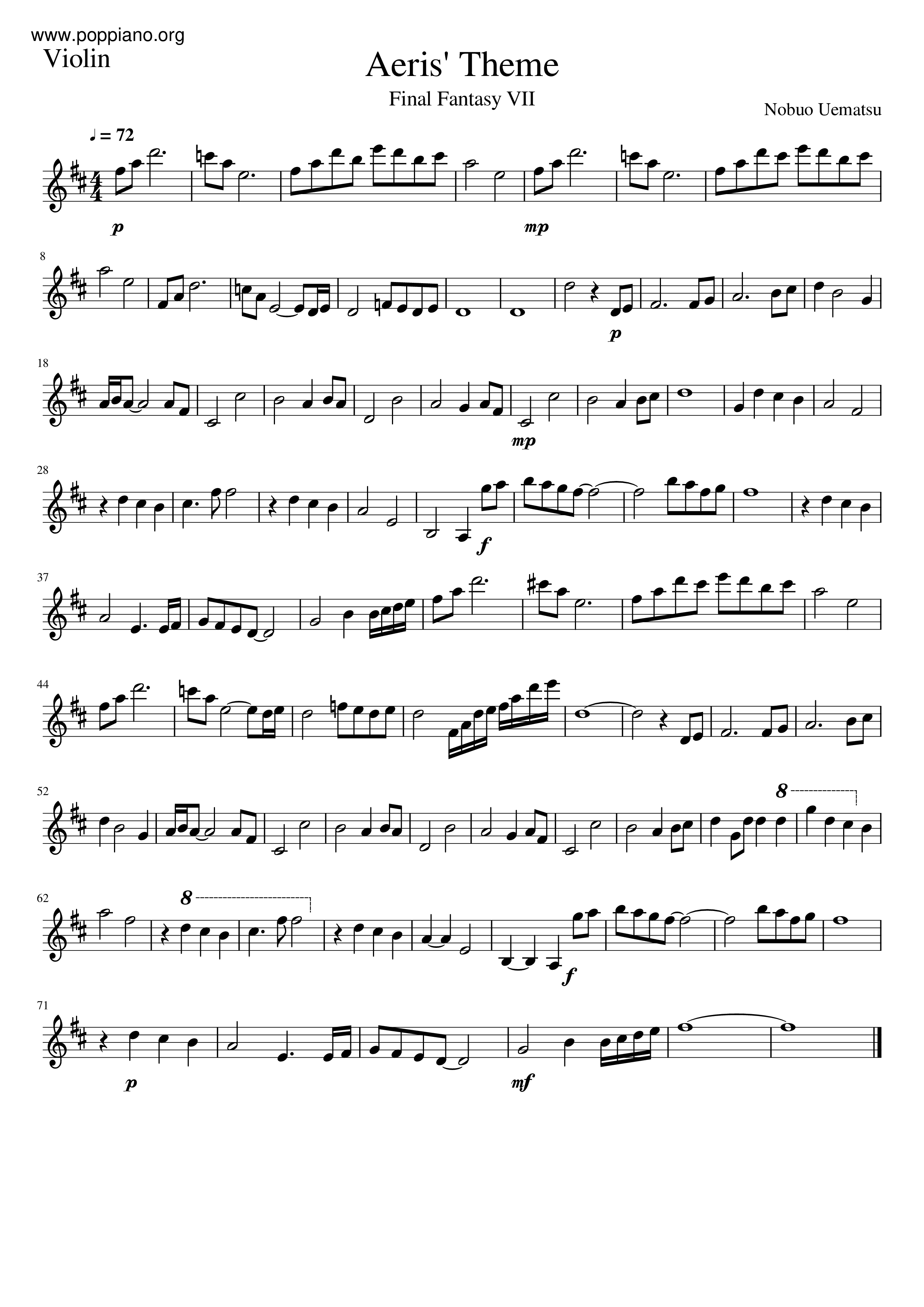 Final Fantasy Vii-Aeris' Theme Violin Score pdf, - Free Score Download ★
