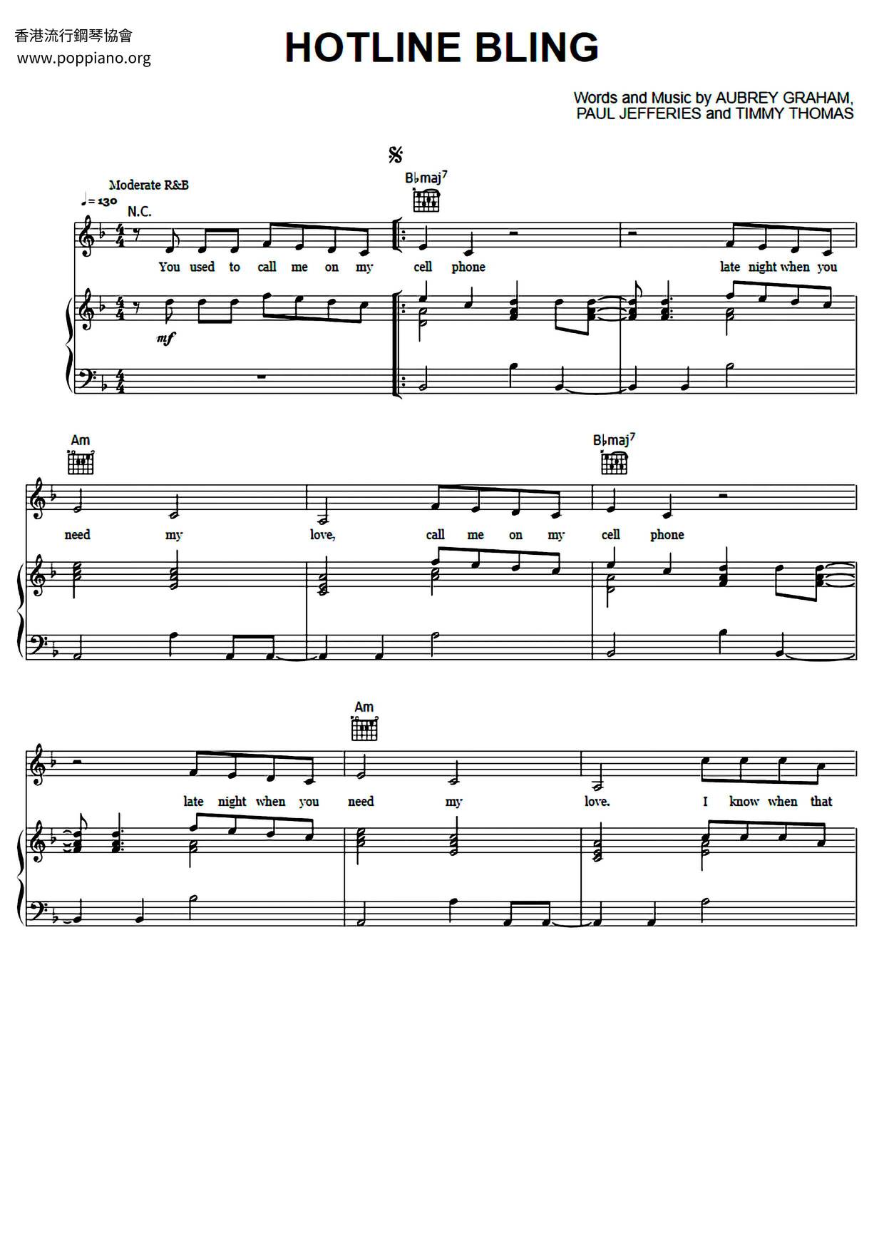 Drake-Hotline Bling Sheet Music pdf, - Free Score Download ★