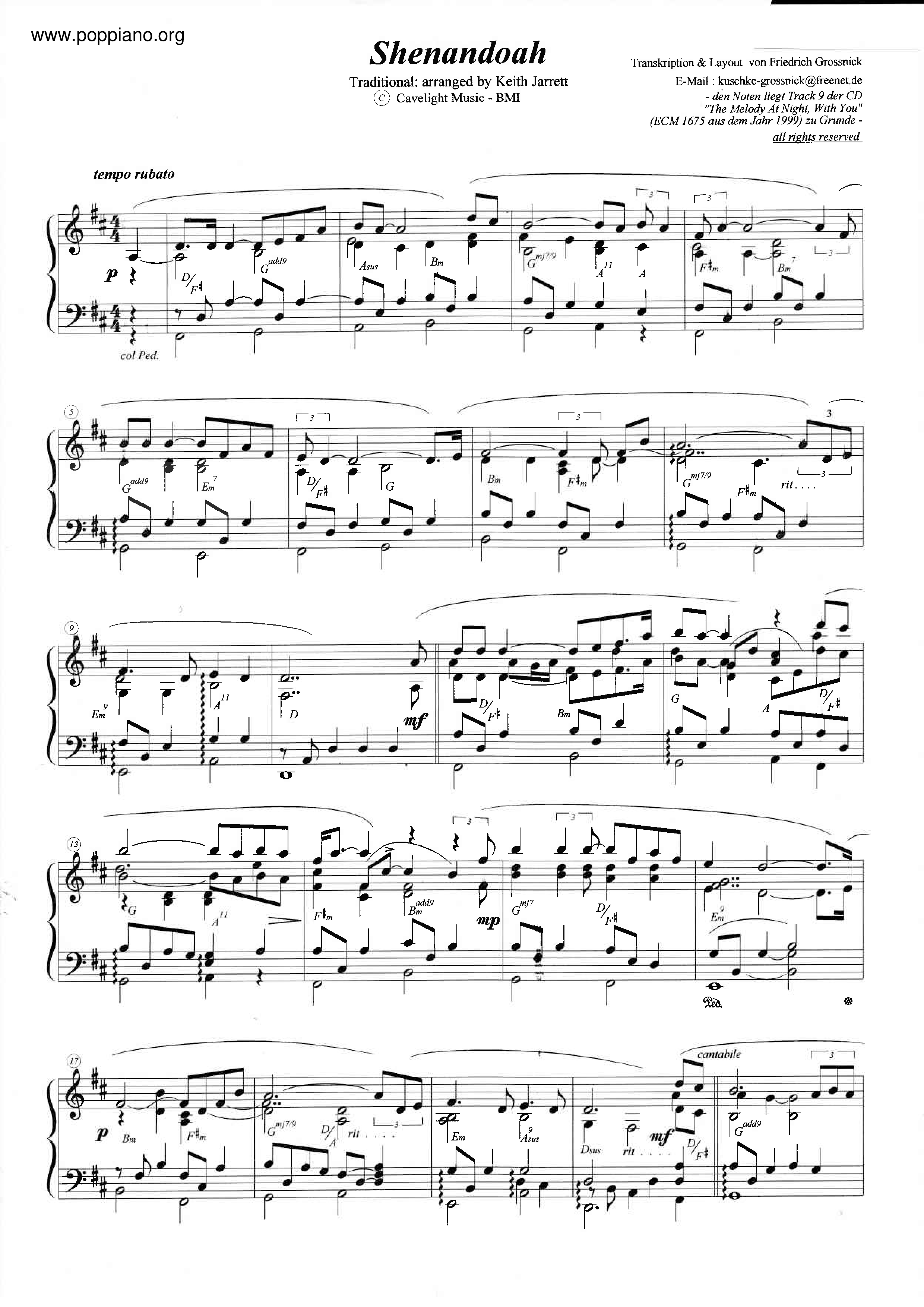 American Folk Song-Shenandoah Sheet Music pdf, - Free Score Download ★