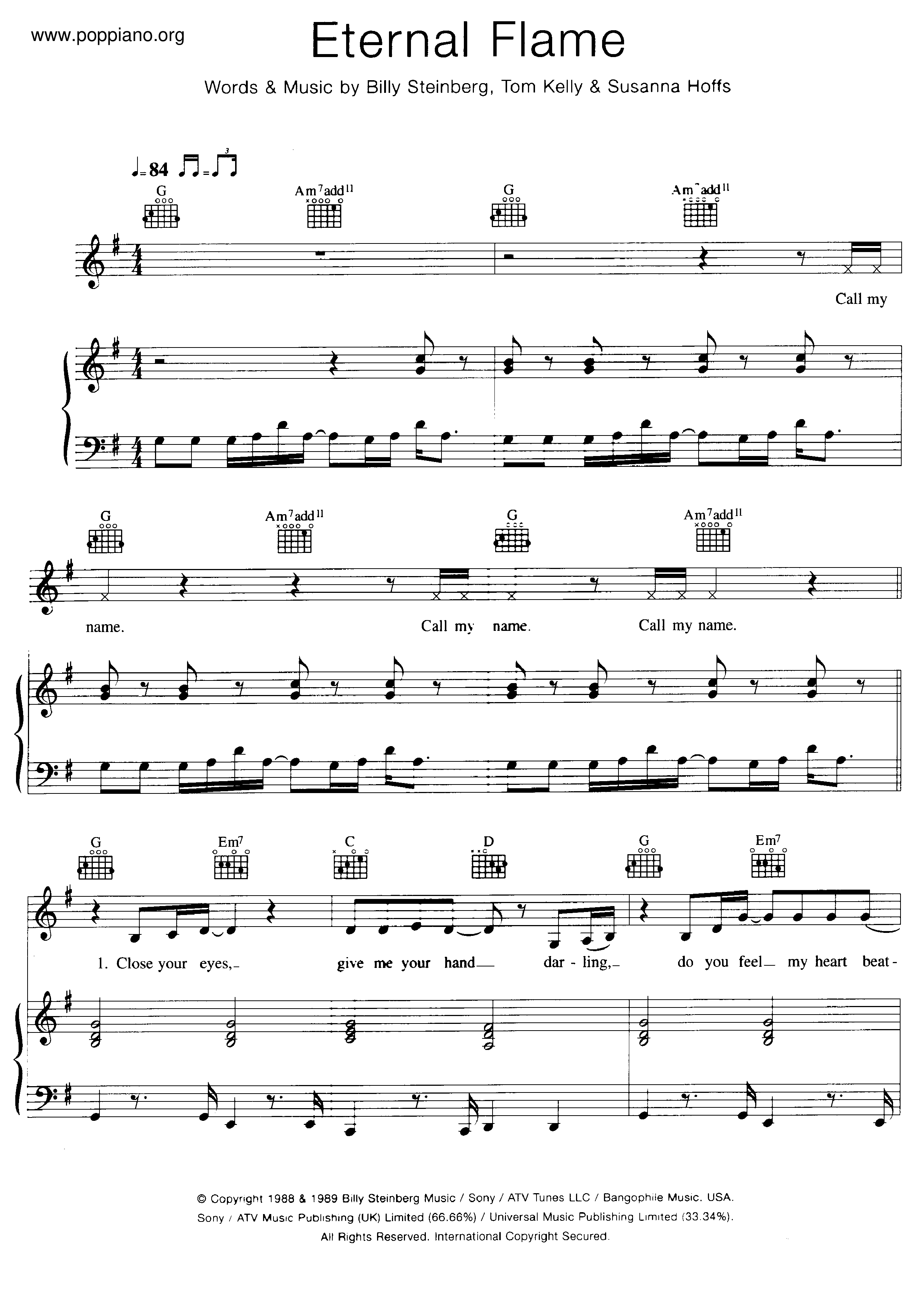 ★The Bangles - Eternal Flame ピアノ譜pdf- 香港ポップピアノ協会 無料PDF楽譜ダウンロード gakufu