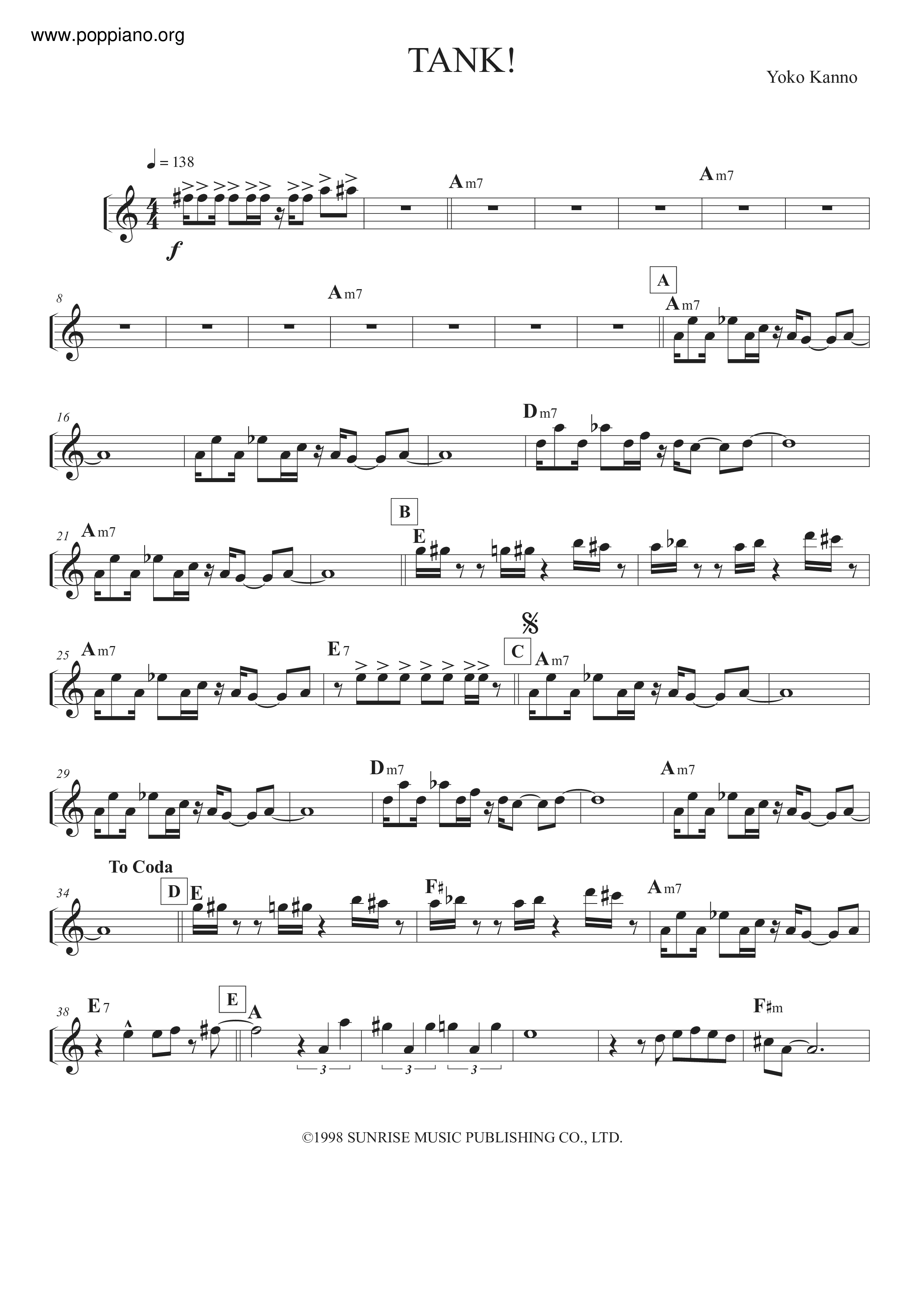 Tank! | Sheet Music | Piano Score Free PDF Download | HK Pop Piano Academy