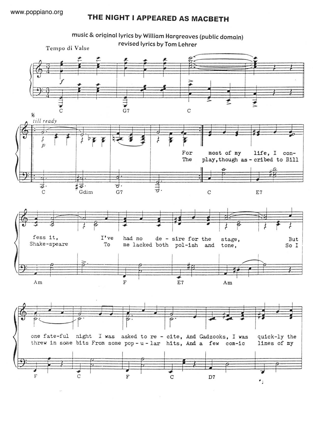 Hymn-The Night I Appeared As Macbeth Tom Lehrer Sheet Music pdf, - Free ...