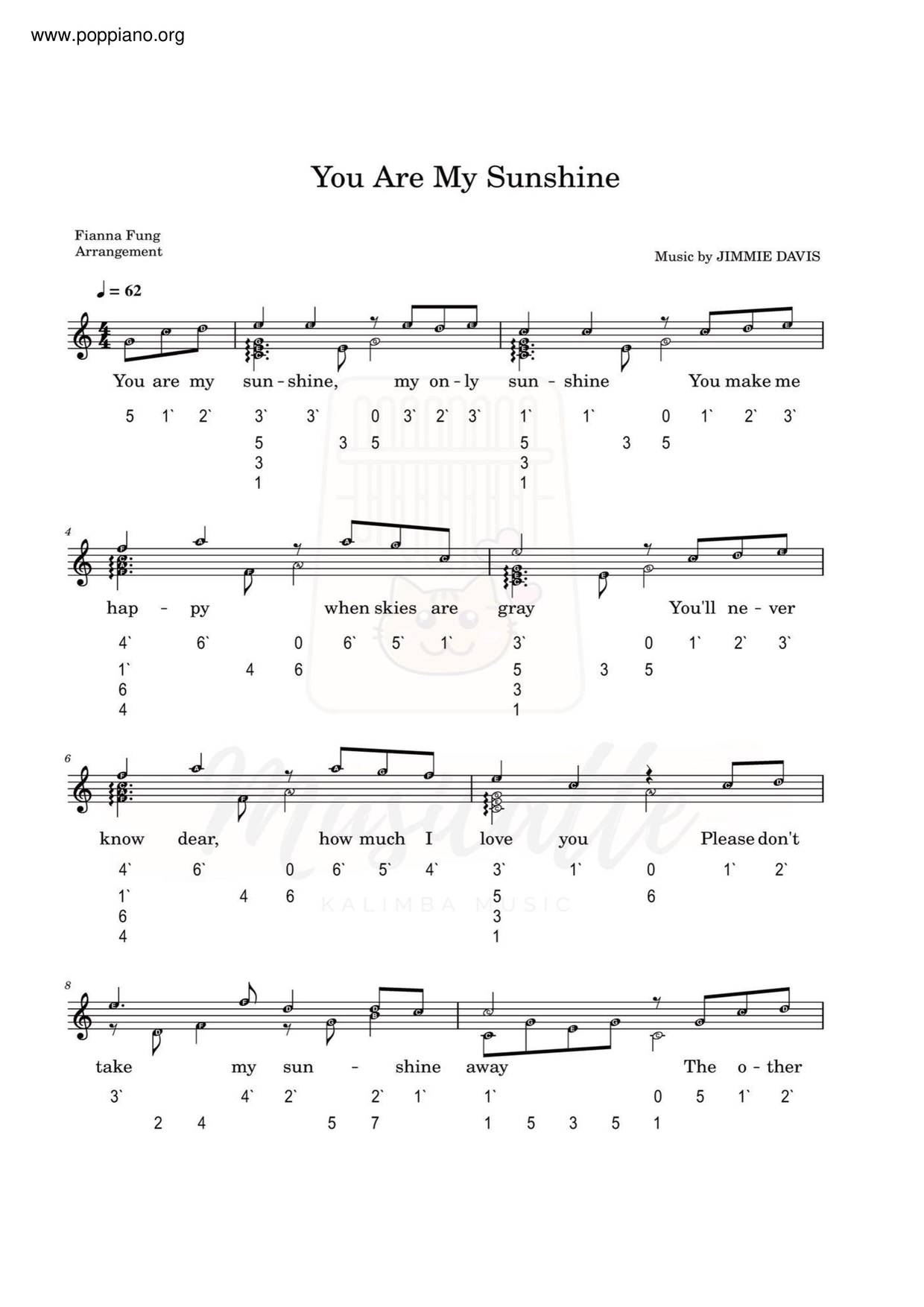 You Are My Sunshine - Sheet Music / Piano Score Free PDF Download - HK ...